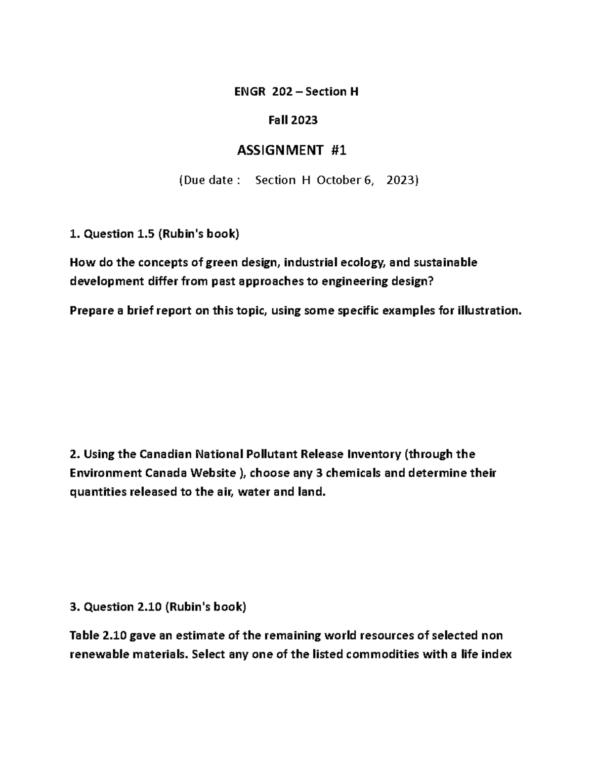 Assignment 1 - .... - ENGR 202 – Section H Fall 2023 ASSIGNMENT (Due date : Section H October 6 ...
