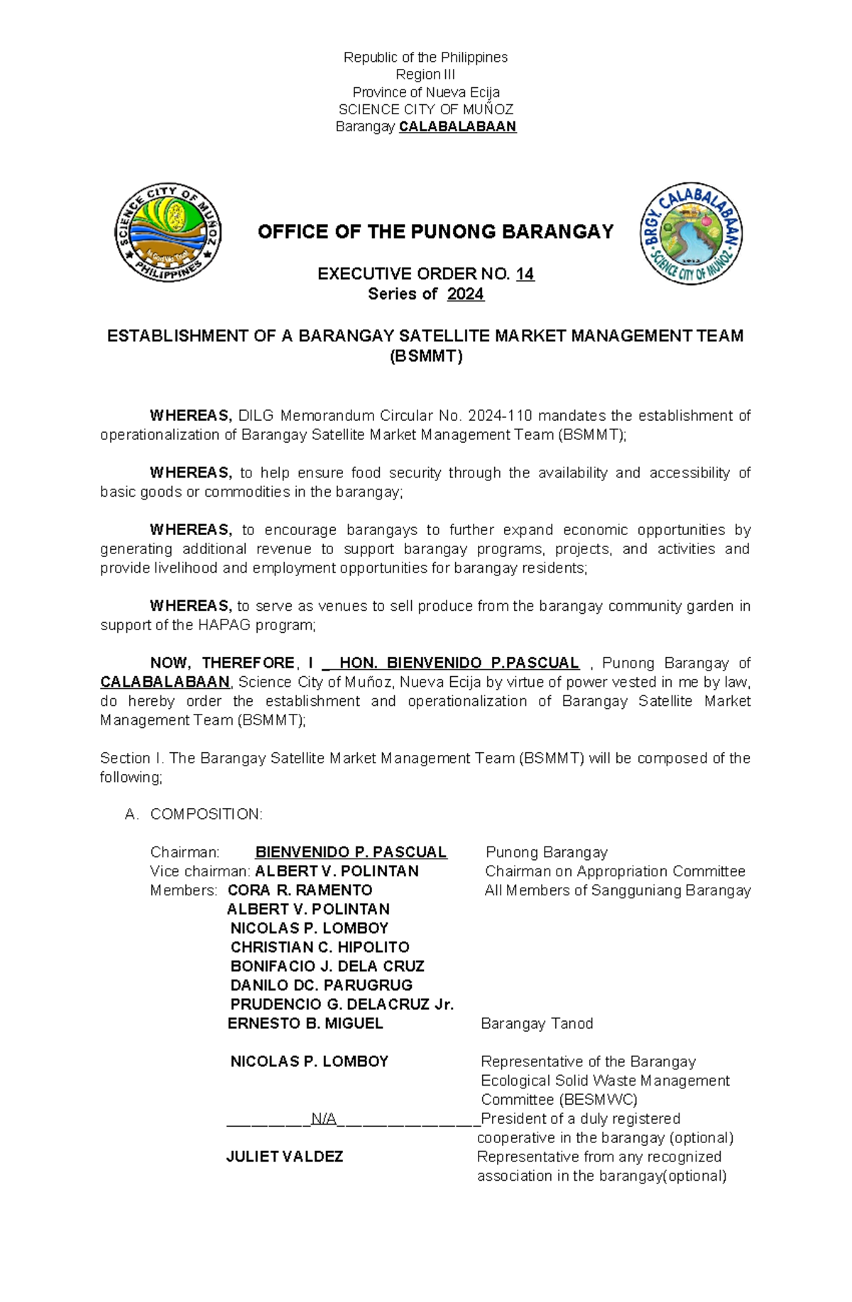 EO Talipapa Bsmmt Barangay Calabalabaan - Republic of the Philippines ...