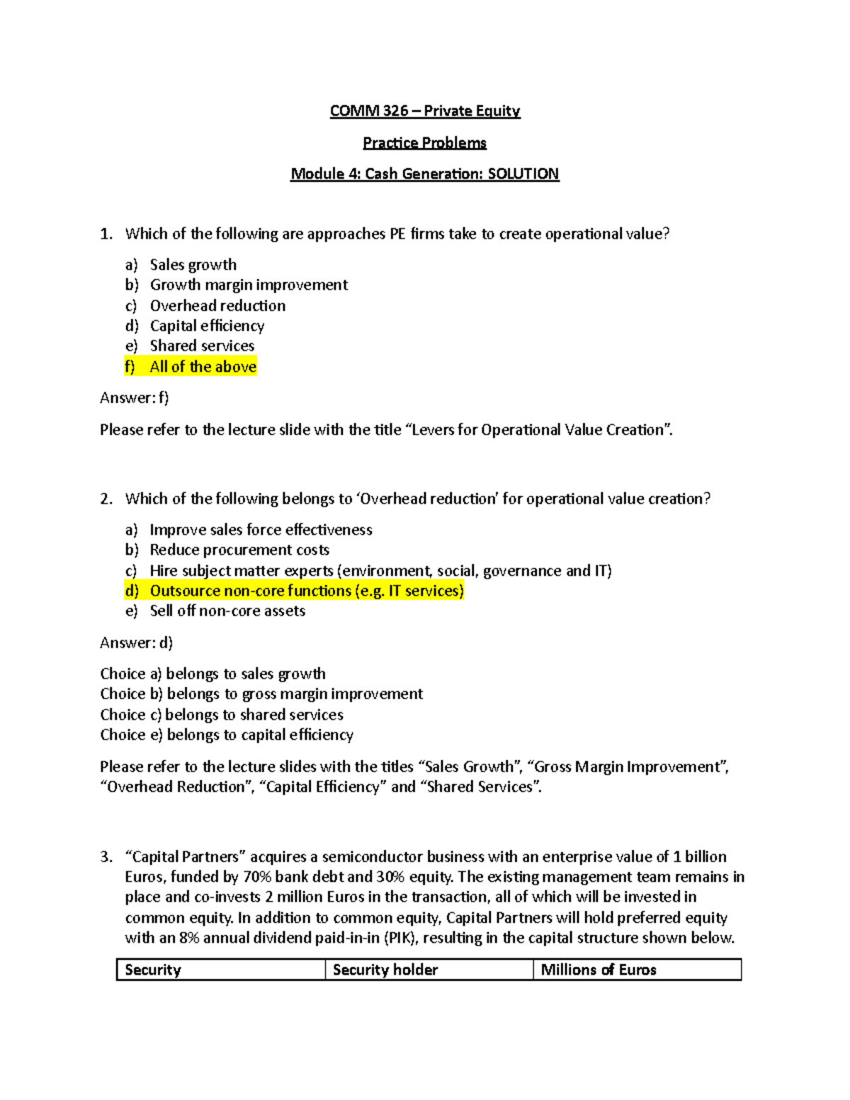 Module 4 Cash Generation - Solution - COMM 326 – Private Equity ...