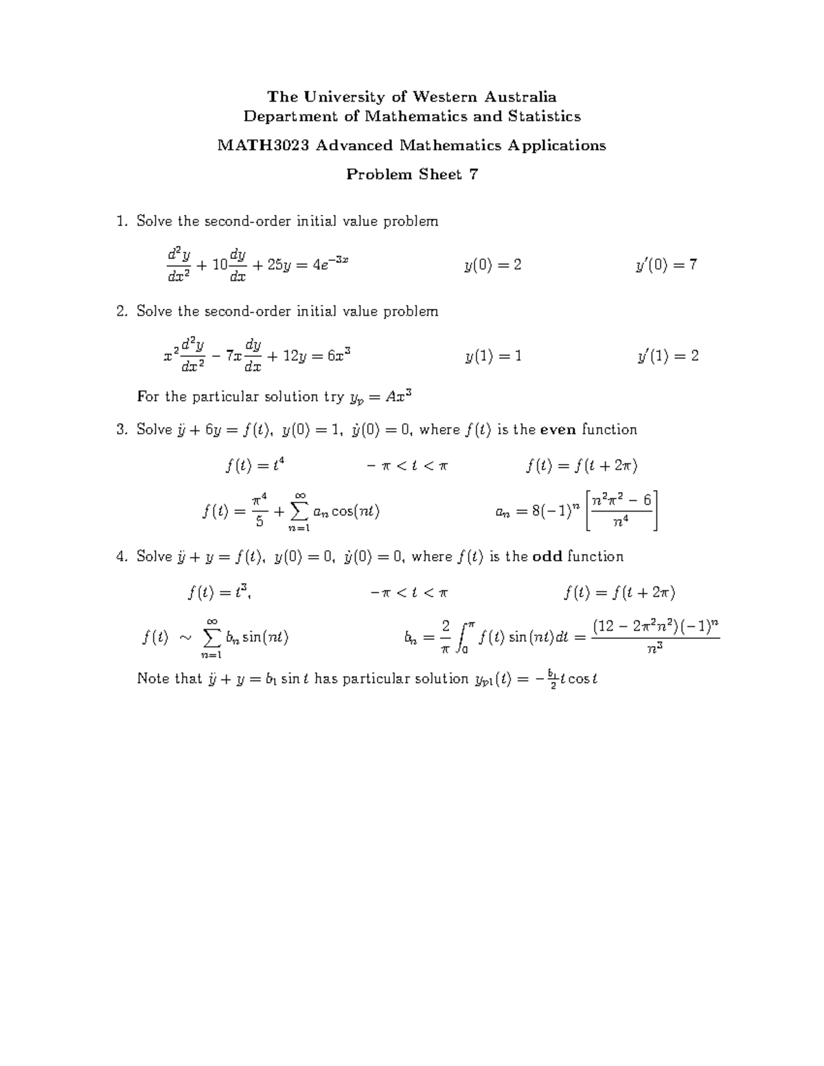 Problem Sheet 7 Week 7 The University Of Western Australia