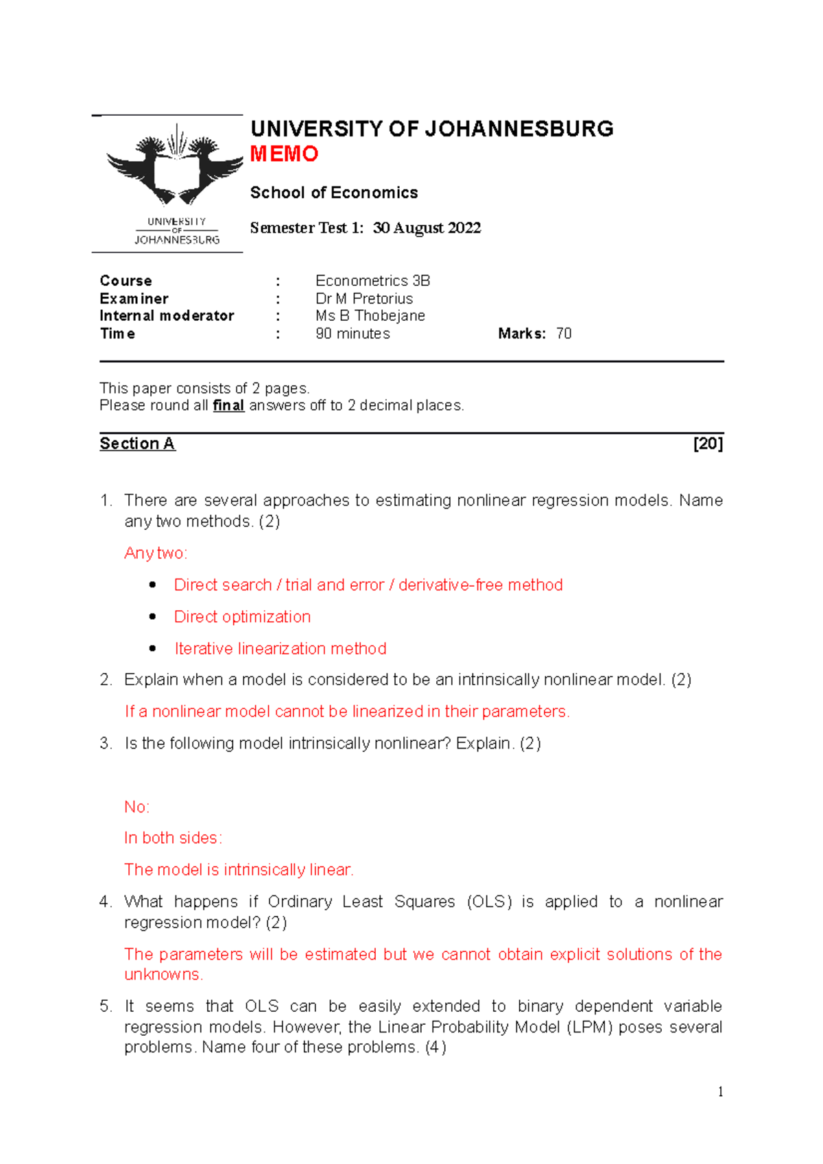 Semester Test 1 Memo - UNIVERSITY OF JOHANNESBURG MEMO School of ...
