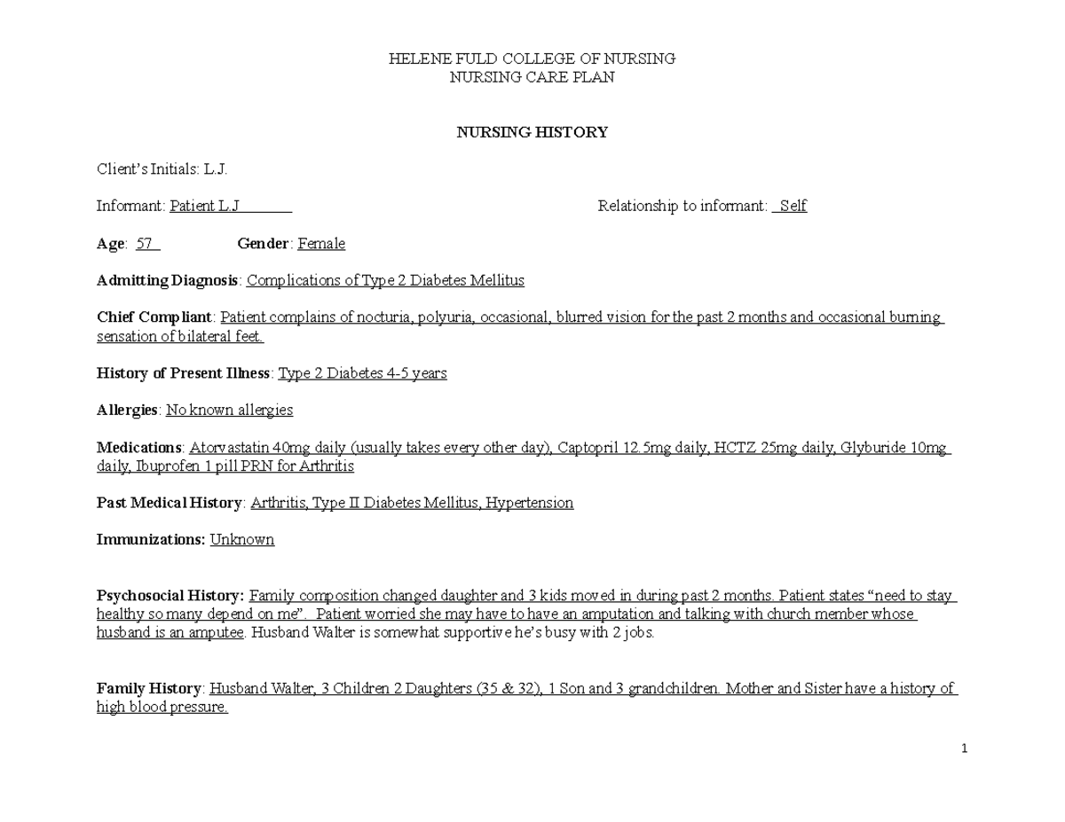 NUR 221 HFCN Nursing care plan outline - NURSING CARE PLAN NURSING ...