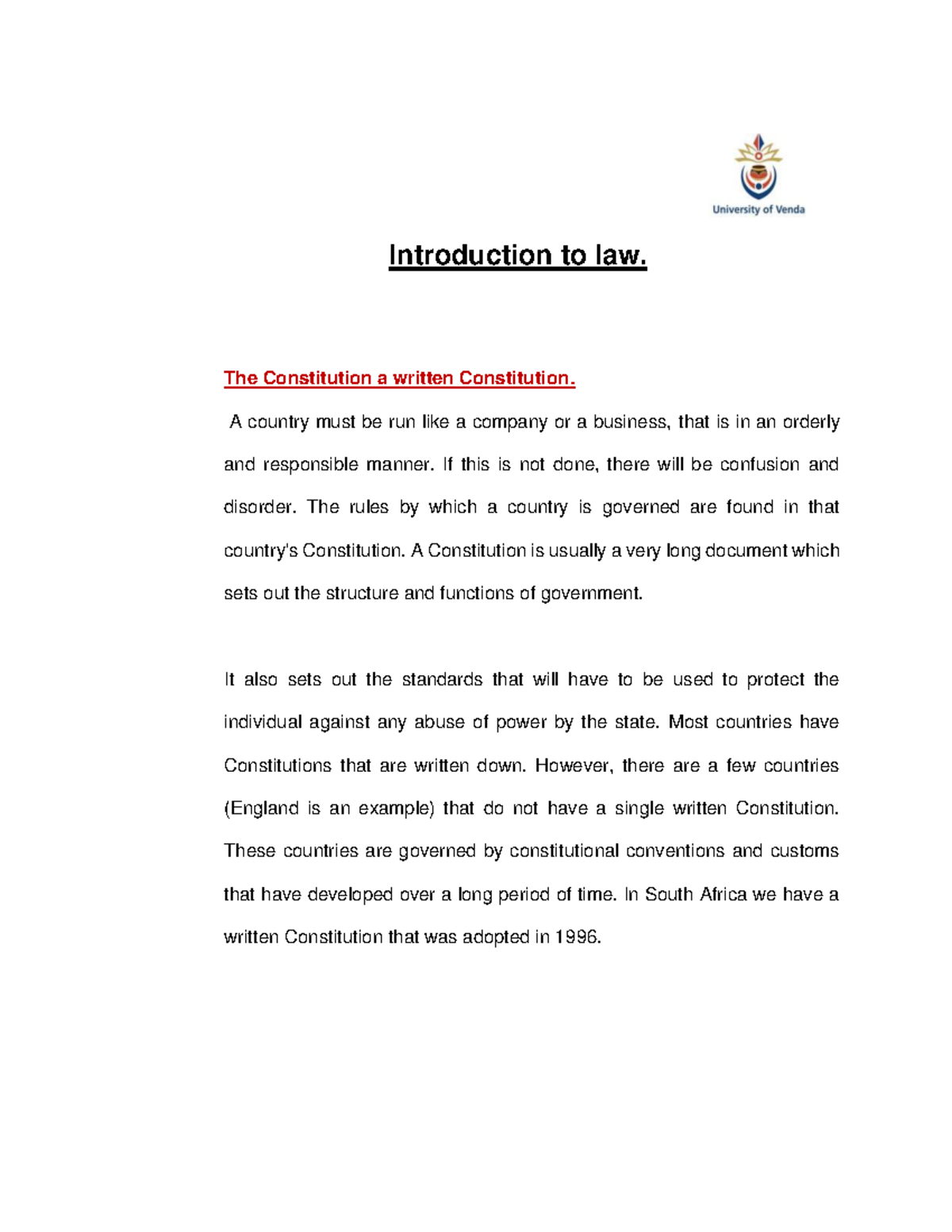 The Constitution a written Constitution - Introduction to law. The ...