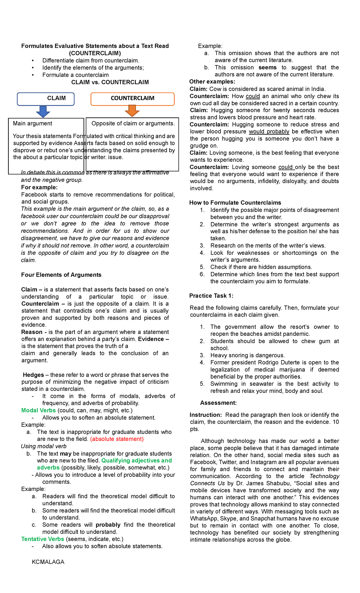 Counterclaim Handouts - KCMALAGA Formulates Evaluative Statements about ...