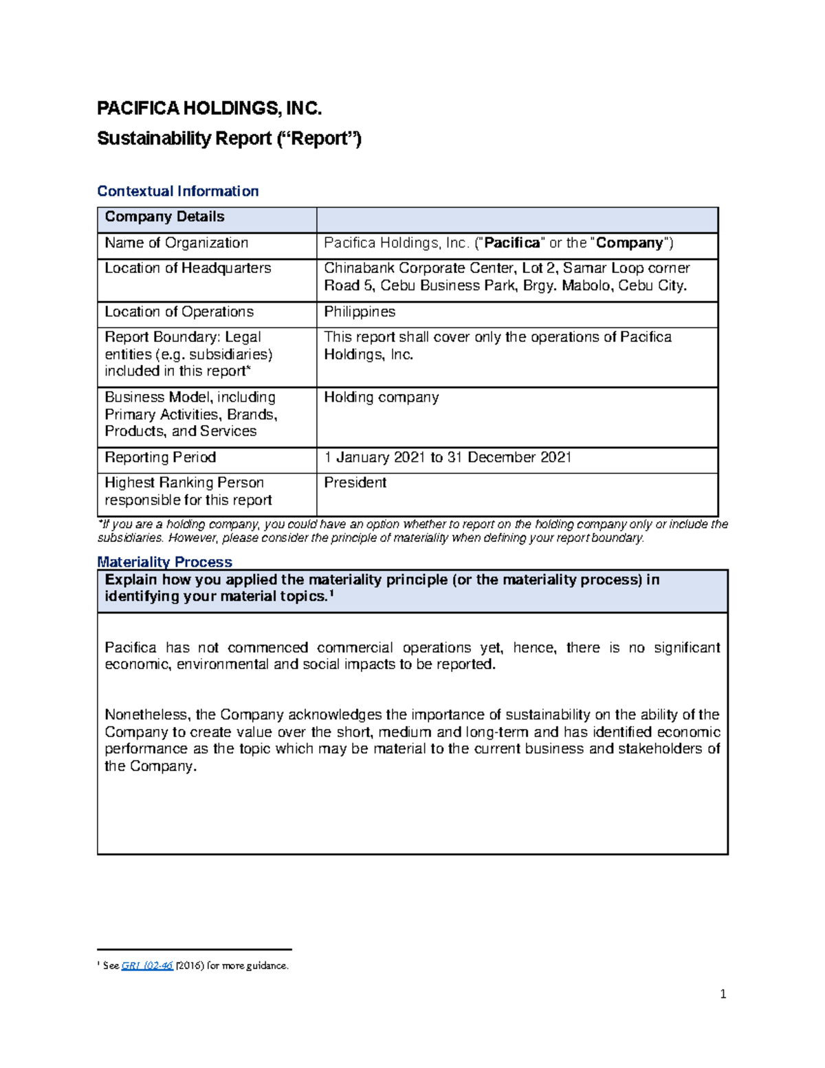 Pacifica Holdings, INC. Sustainability Report (2021) 16 May 2022 ...