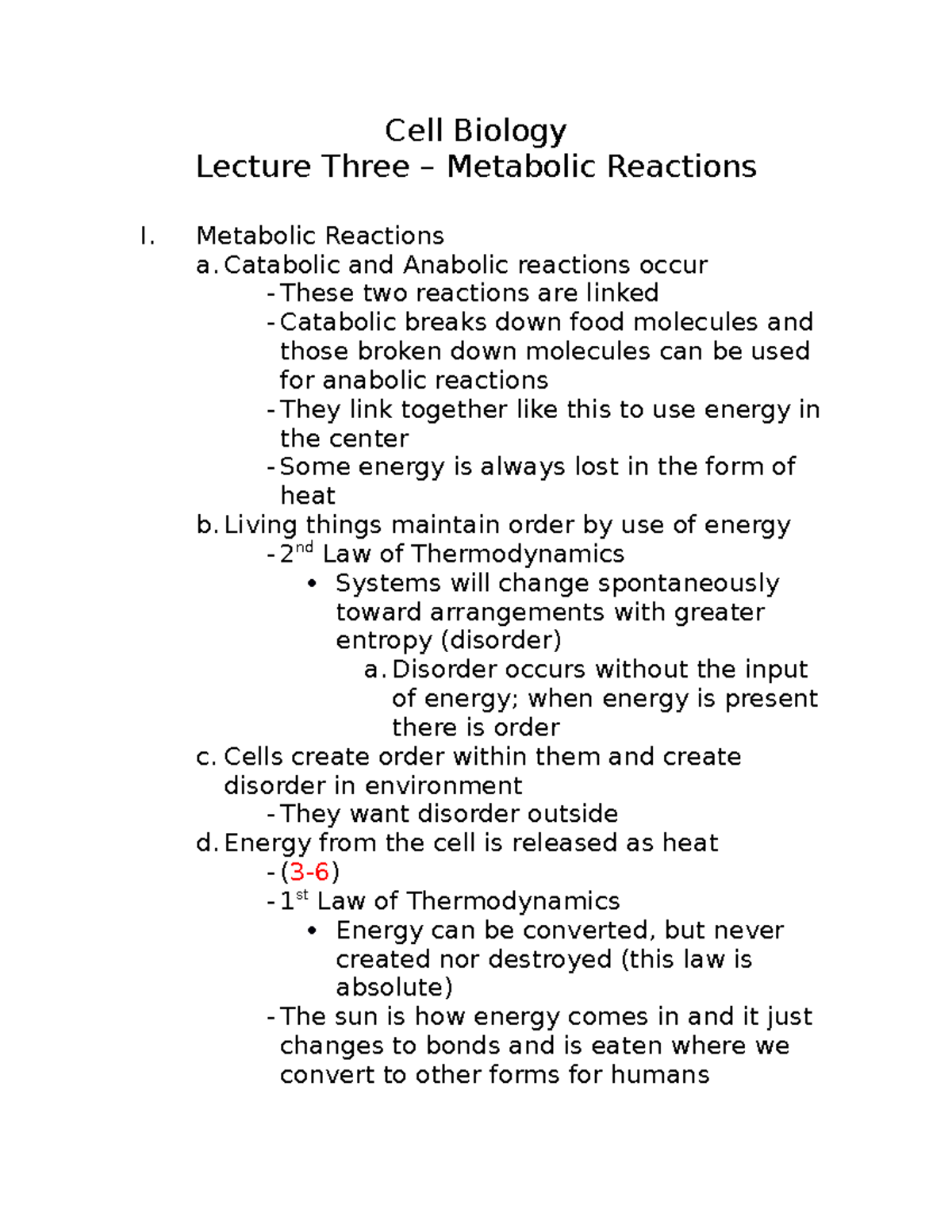 Test 3 Lecture 3 - Cell Biology Lecture Three – Metabolic Reactions I ...