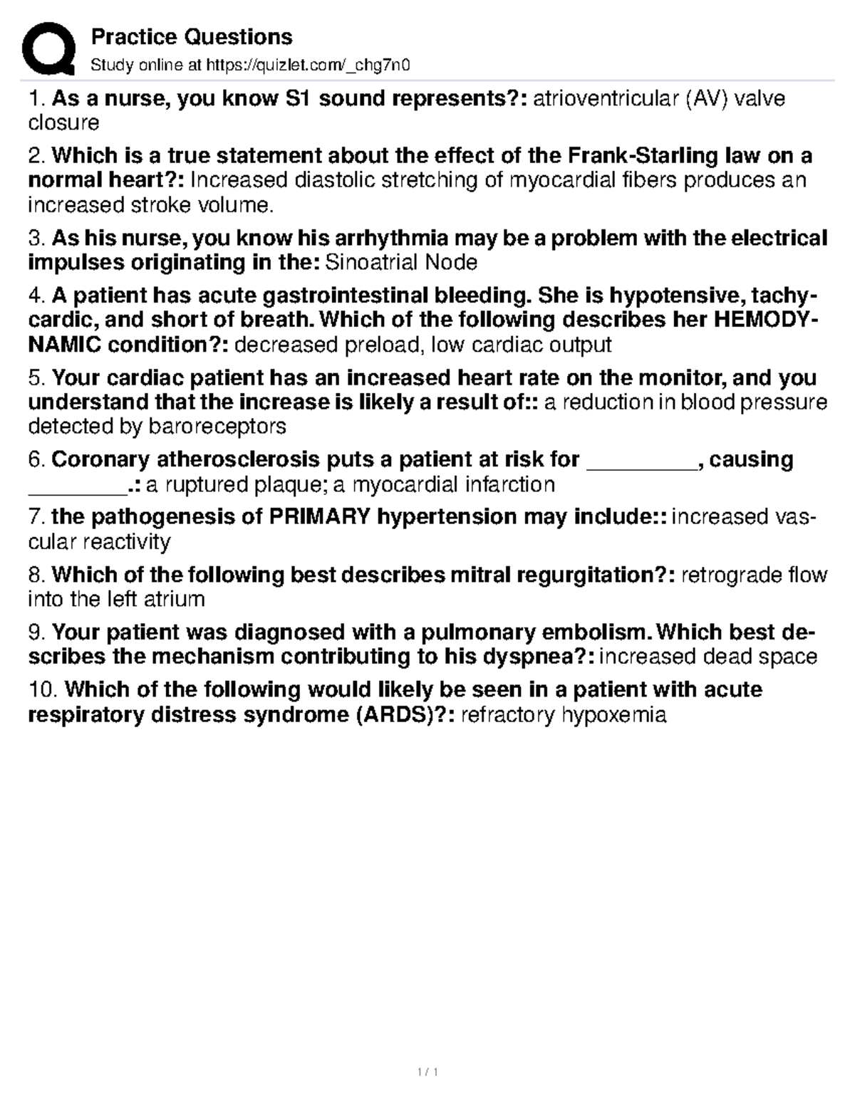 Cardio Practice Set - Practice Questions Study online at quizlet/_chg7n ...