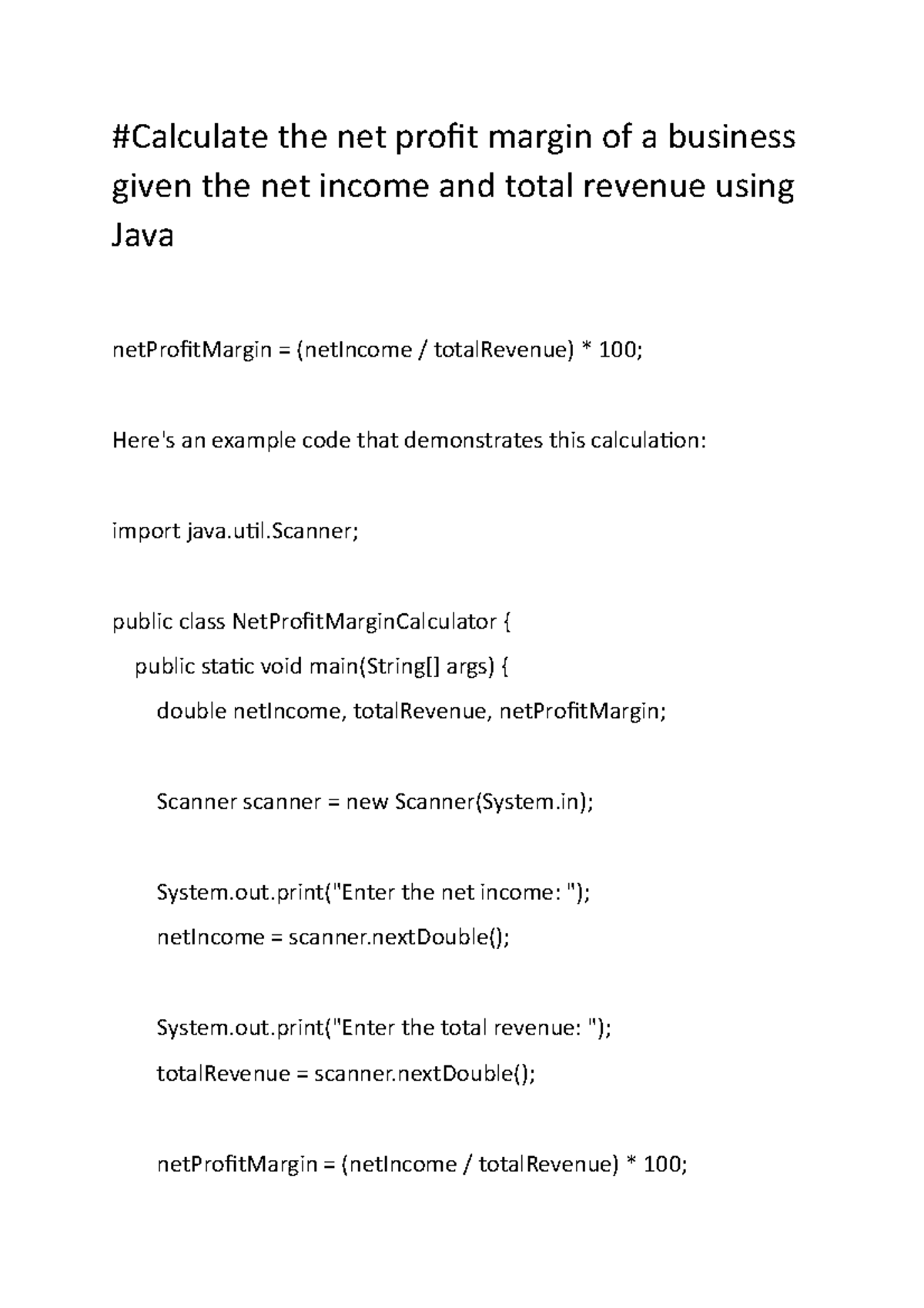 Net income and total revenue - Java - #Calculate the net profit margin ...