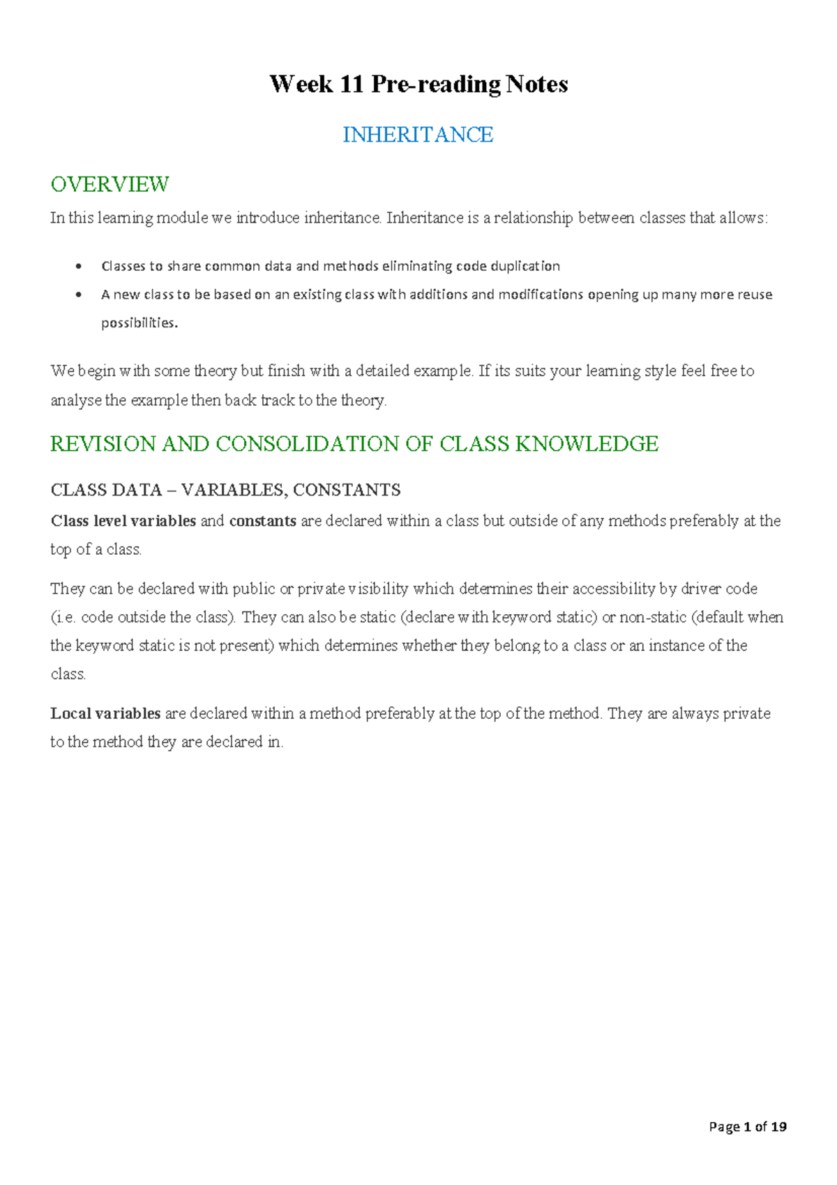 Week 11 Pre-reading notes on inheritance, pre reading quiz prep - Week ...