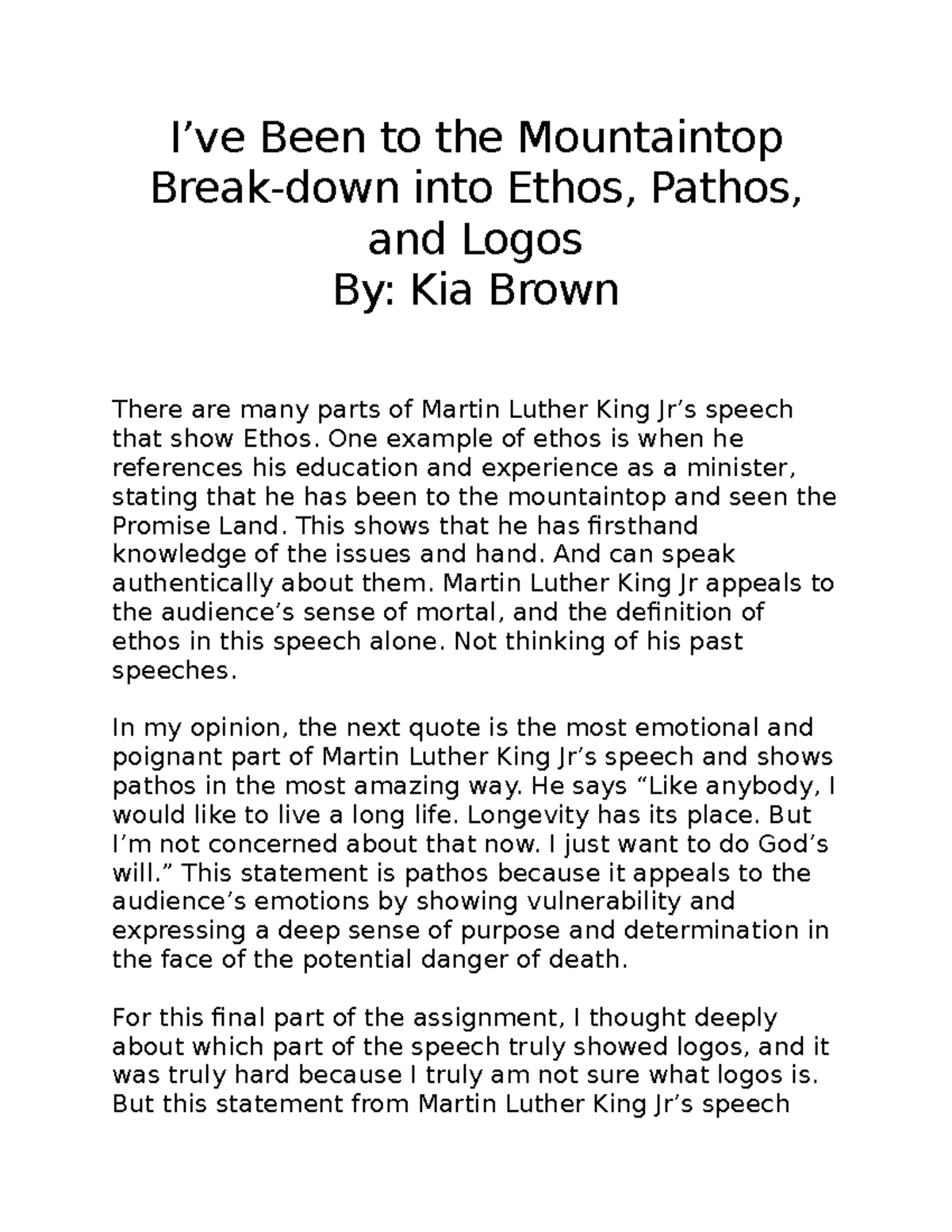 Rhetorical Analysis I've Been to the Mountaintop - I’ve Been to the ...