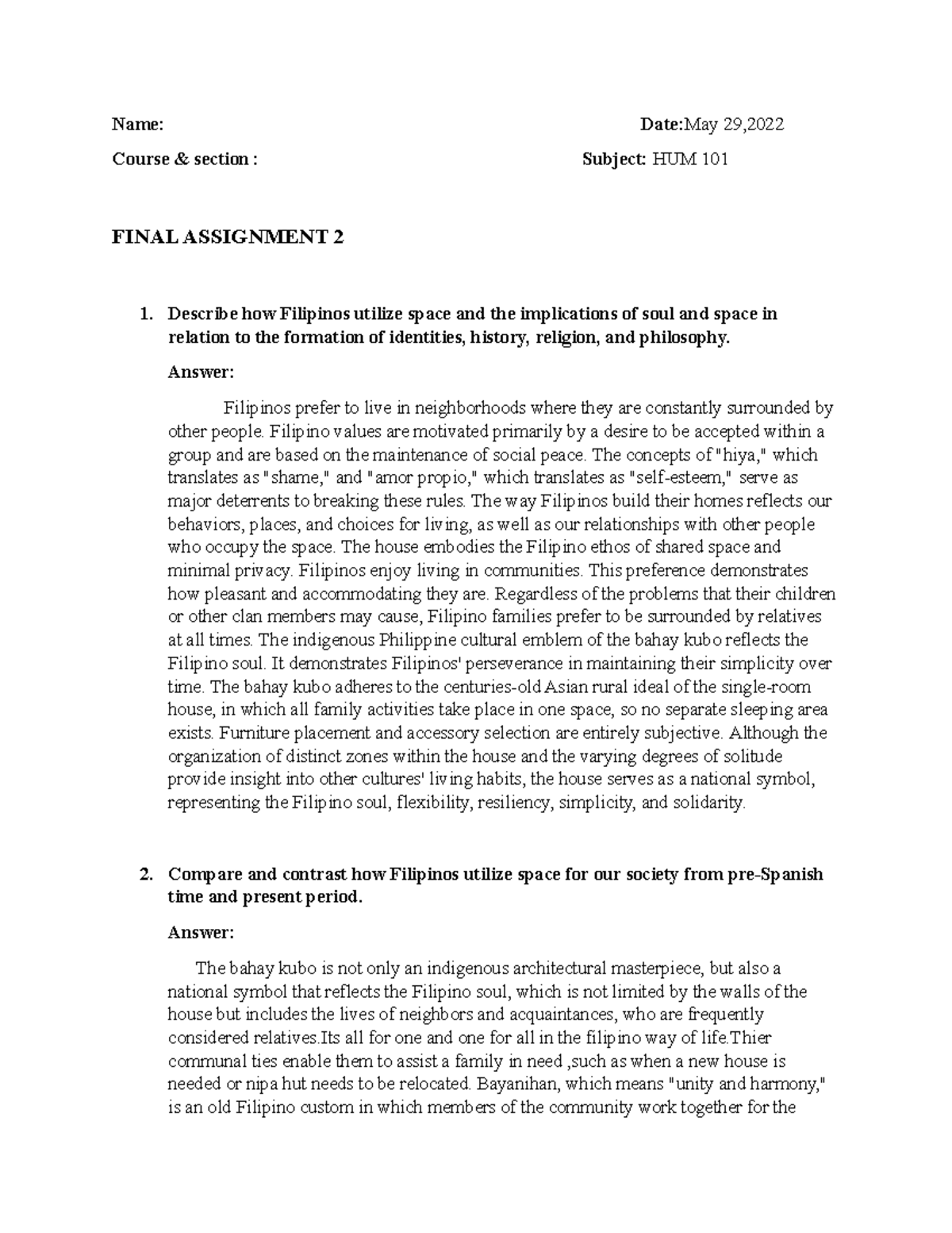 Final assignment 2 - RIZAL - Name: Date: May 29, Course & section : Subject: HUM 101 FINAL - Studocu