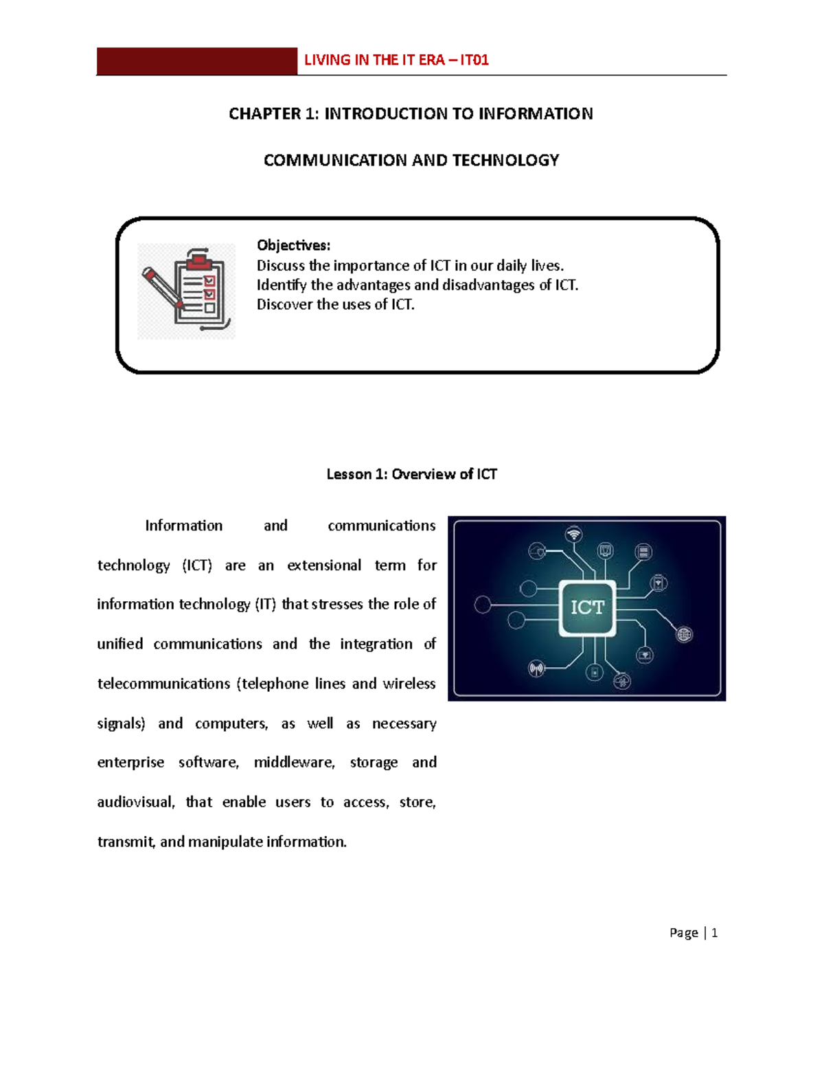 IT01- Chapter 1 - MODULE LIVING IN THE IT ERA – IT Page | 1 Objectives ...