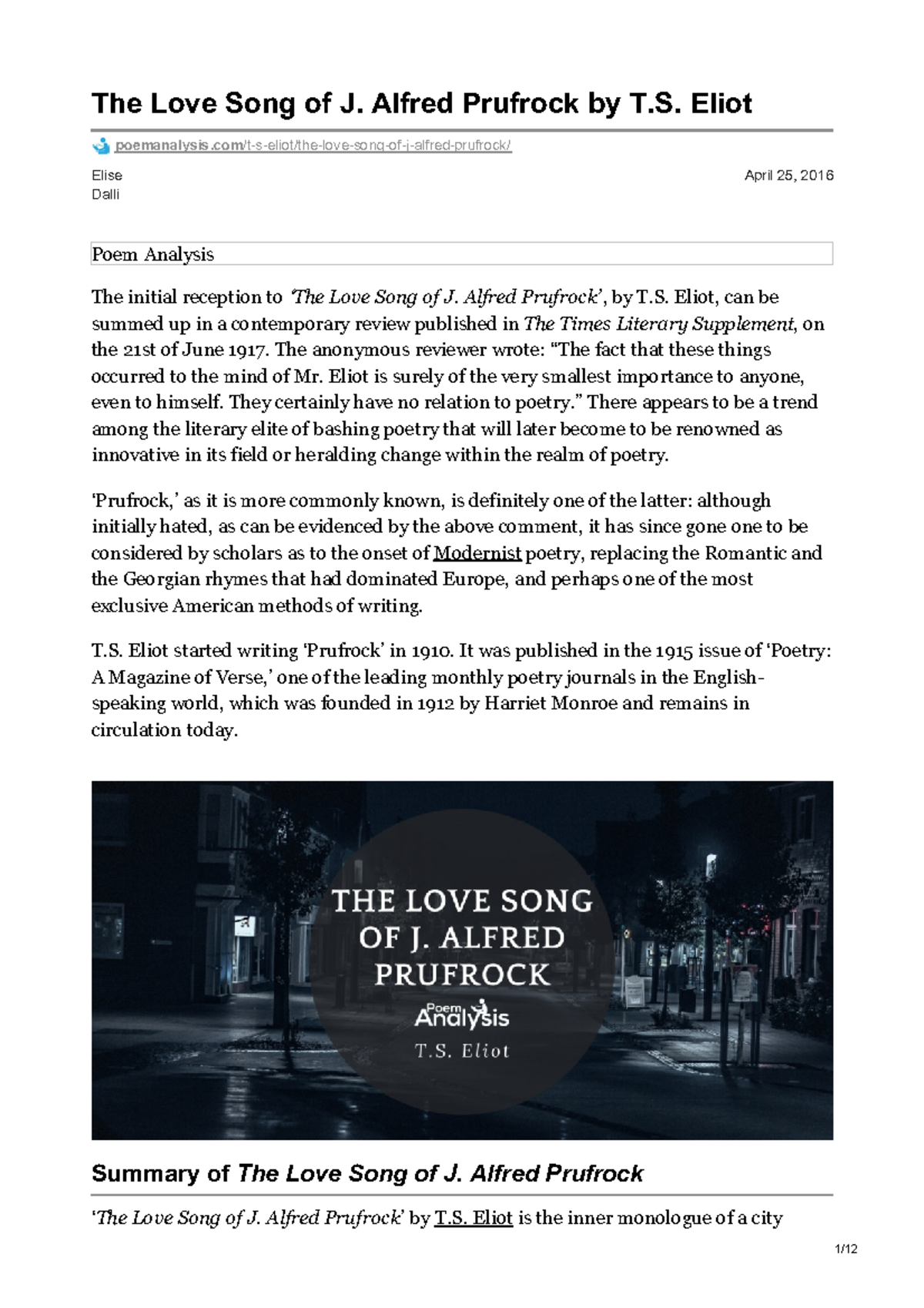The Love Song of J Alfred Prufrock by TS Eliot - Poem Analysis Elise ...