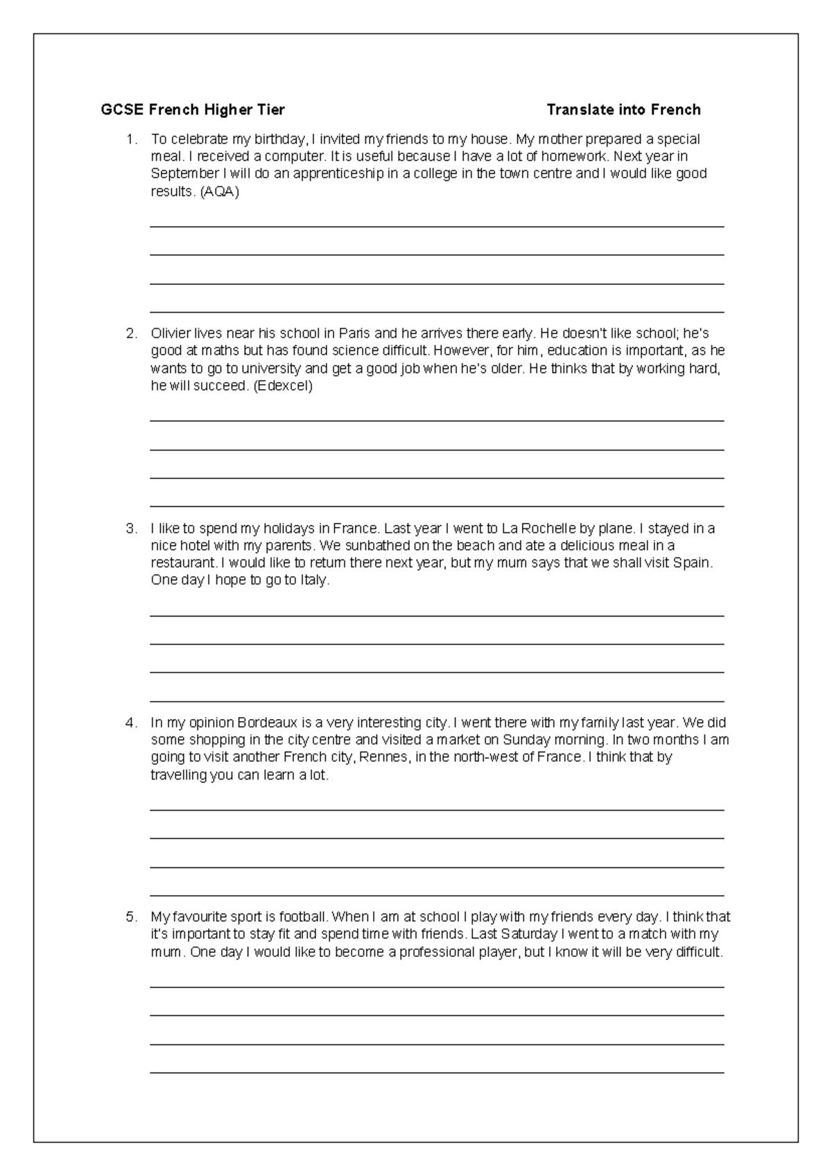 Translation Exercises into French - GCSE French Higher Tier Translate ...