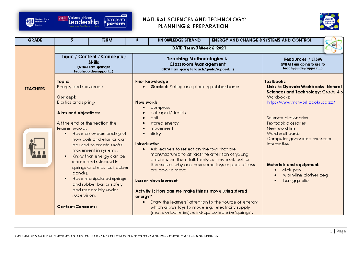Lesson Plan GET IP Gr. 5 Natural Sciences and Technology T3 W6 - 1 ...