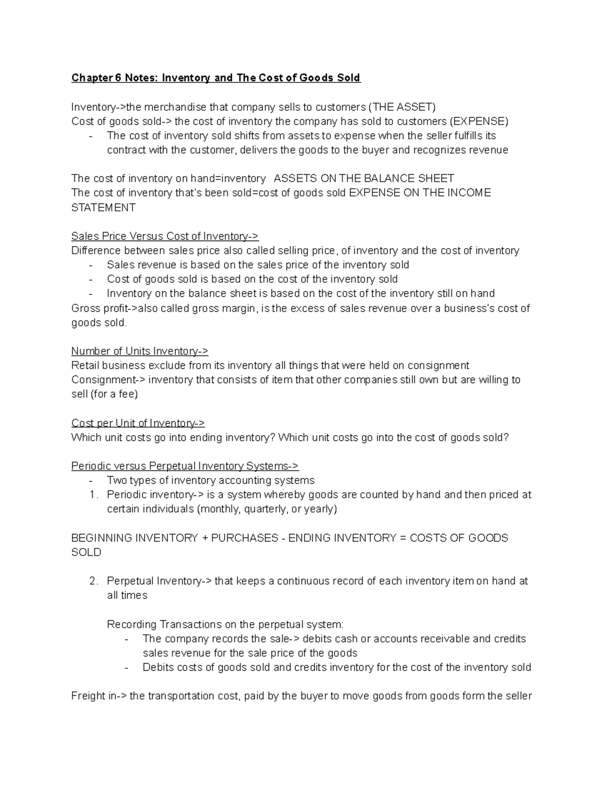 Chapter 6 Notes - Chapter 6 Notes: Inventory and The Cost of Goods Sold ...