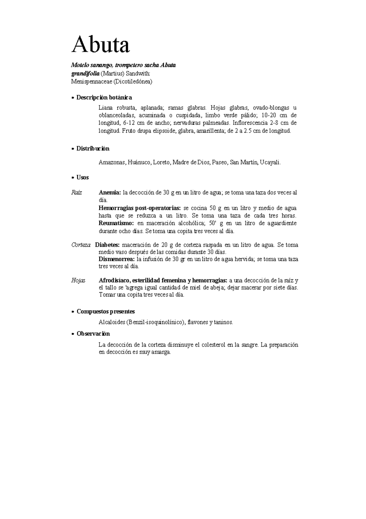 Abuta - Abuta Motelo sanango, trompetero sacha Abuta grandifolia ...