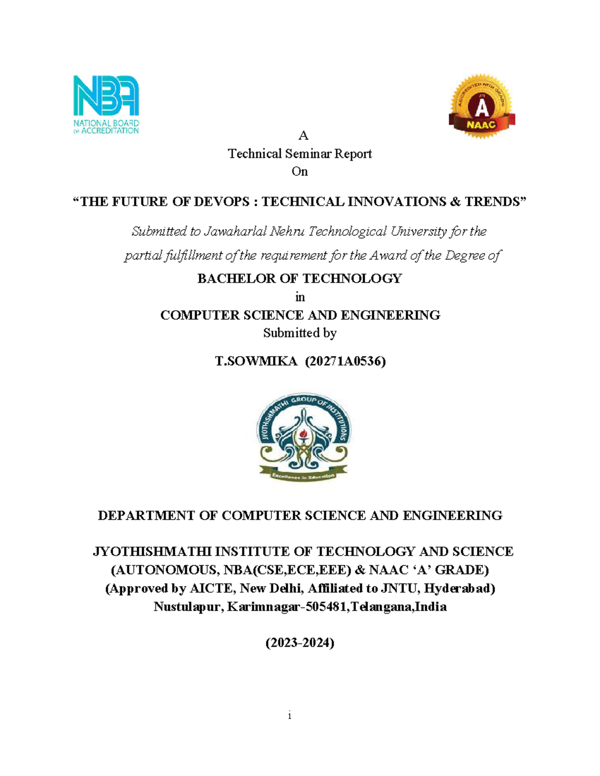 536seminar - i A Technical Seminar Report On “THE FUTURE OF DEVOPS : TECHNICAL INNOVATIONS ...