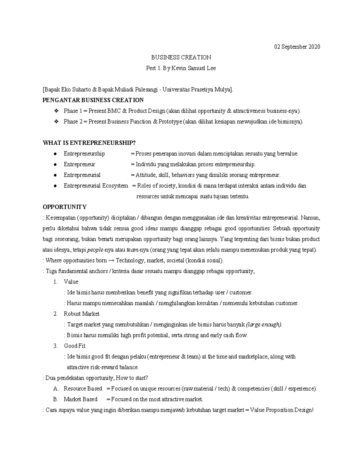 Business Creation Summary - 02 September 2020 BUSINESS CREATION Pert 1 ...