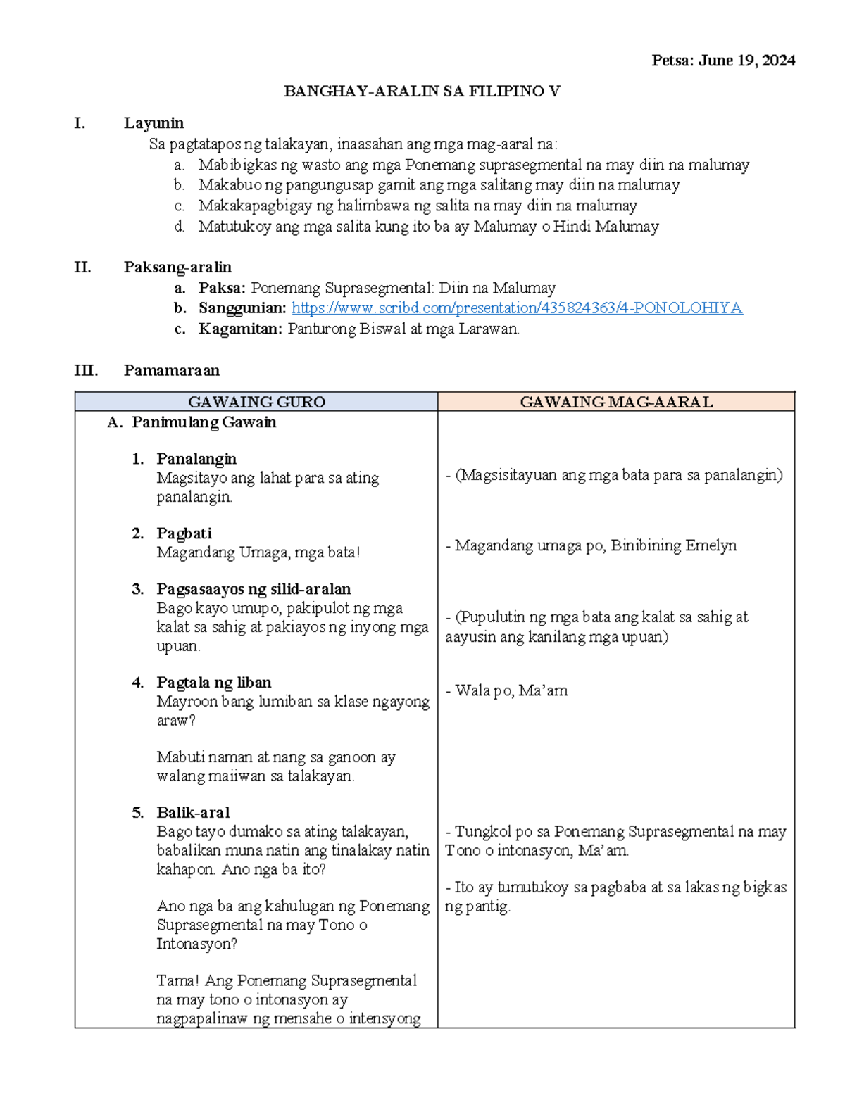 Banghay Aralin DIIN NA Malumay - Petsa: June 19, 2024 BANGHAY-ARALIN SA ...