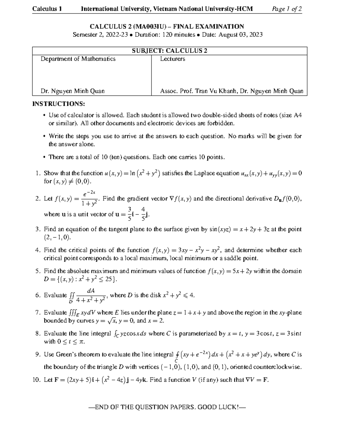 Final Exam Answer key S2 2022 23 - Calculus 1 International University ...