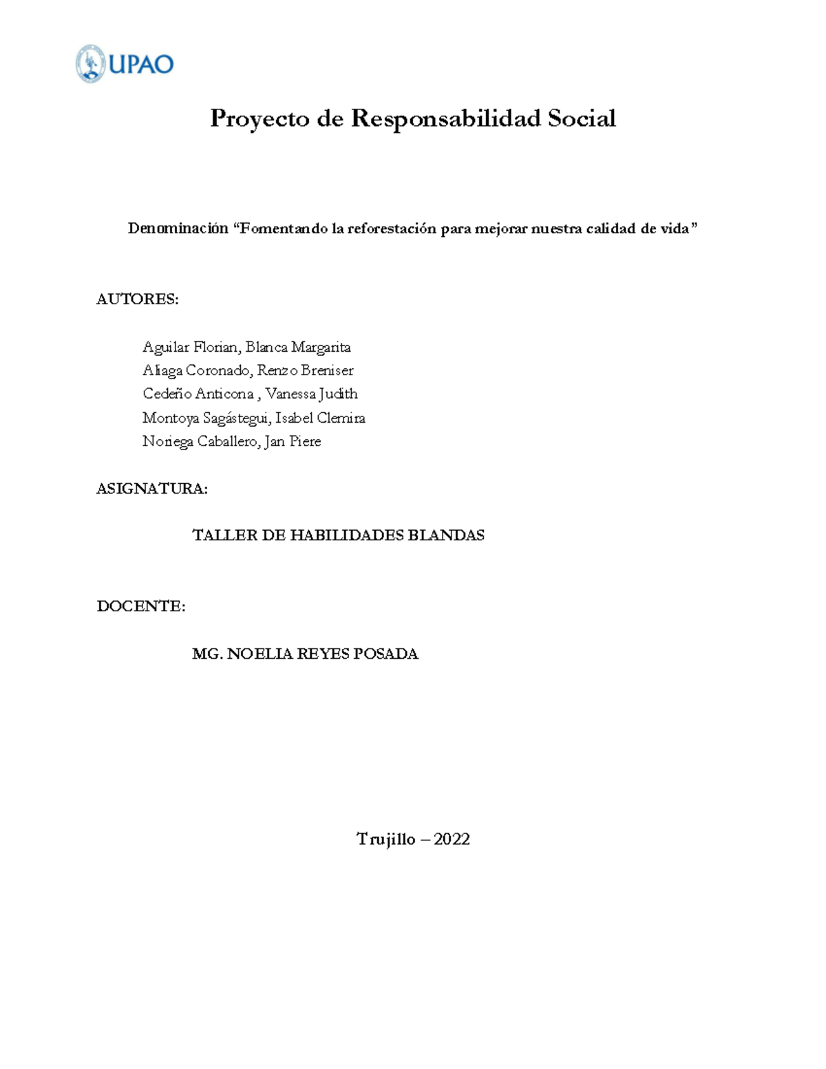 Proyecto de Responsabilidad Social - Proyecto de Responsabilidad Social Denominación “Fomentando ...