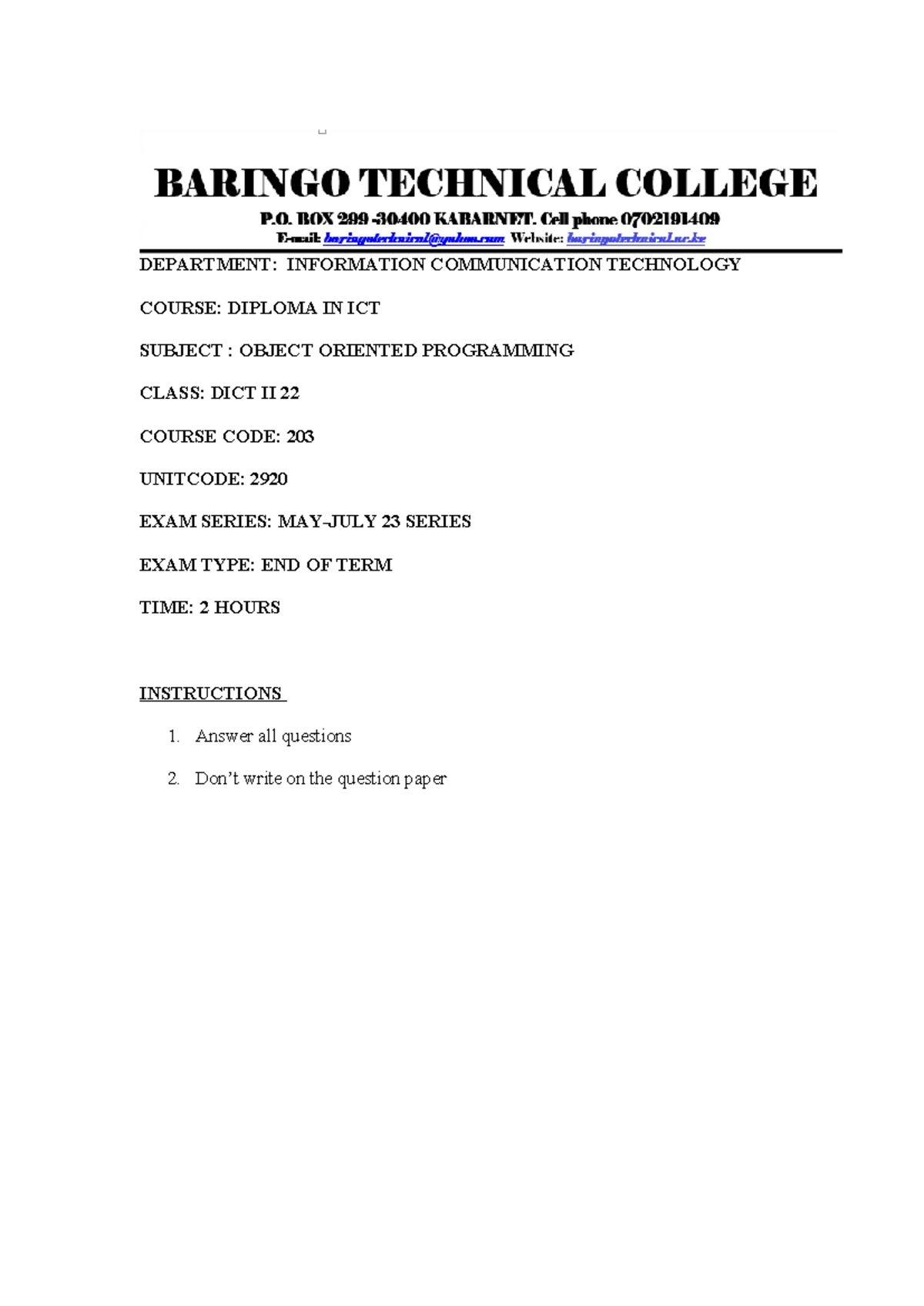 8 OOP - object oriented programming - information technology project - DEPARTMENT: INFORMATION ...