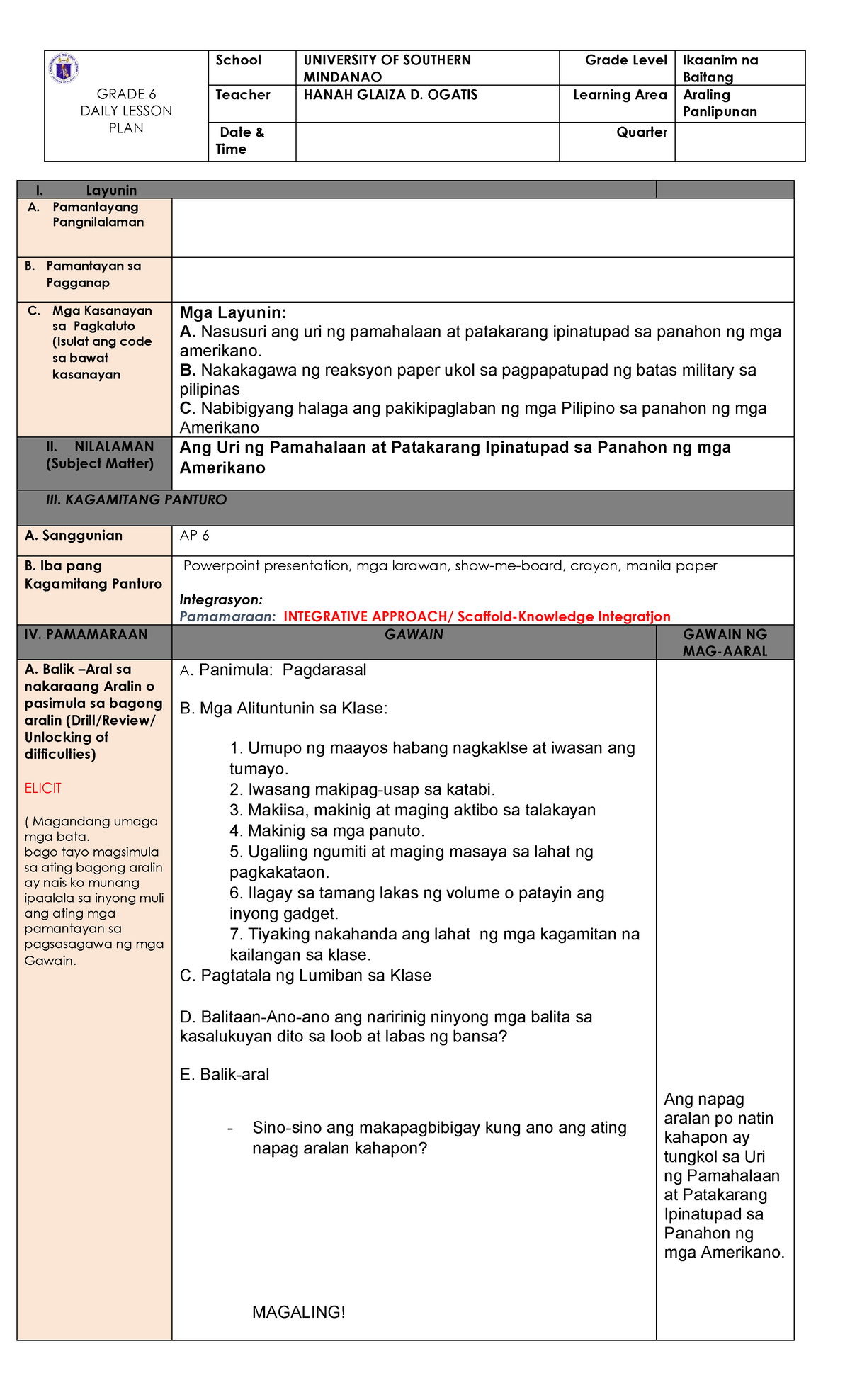7Es 4 - lesson plan - GRADE 6 DAILY LESSON PLAN School UNIVERSITY OF ...