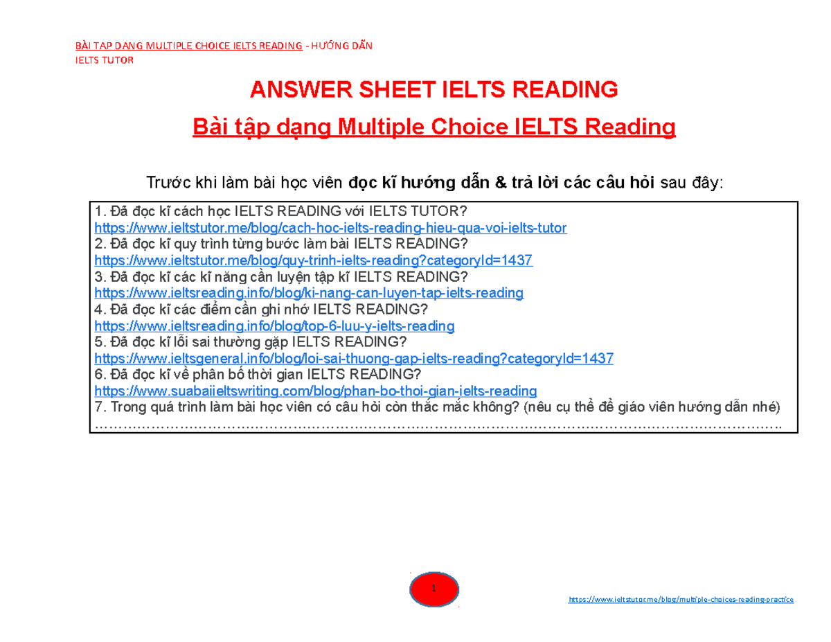 Answer Sheet Ielts Reading - BÀI TẬP DẠNG Multiple Choice Ielts Reading ...