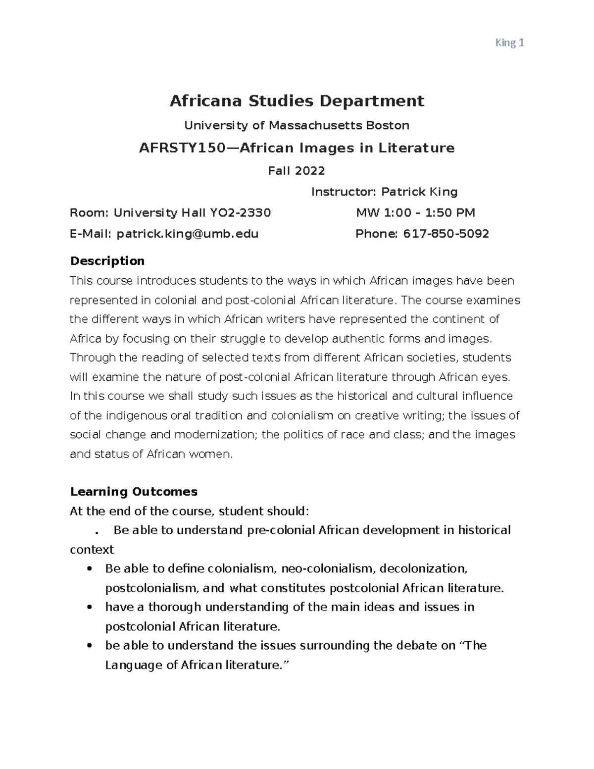 African Images in Literature Fall '22 - Africana Studies Department ...