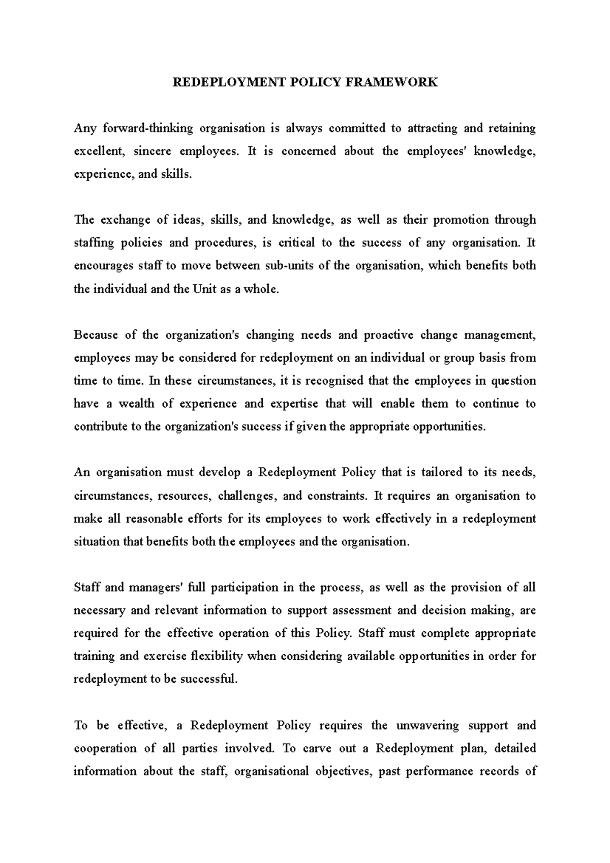 Redeployment Policy Framework - REDEPLOYMENT POLICY FRAMEWORK Any ...