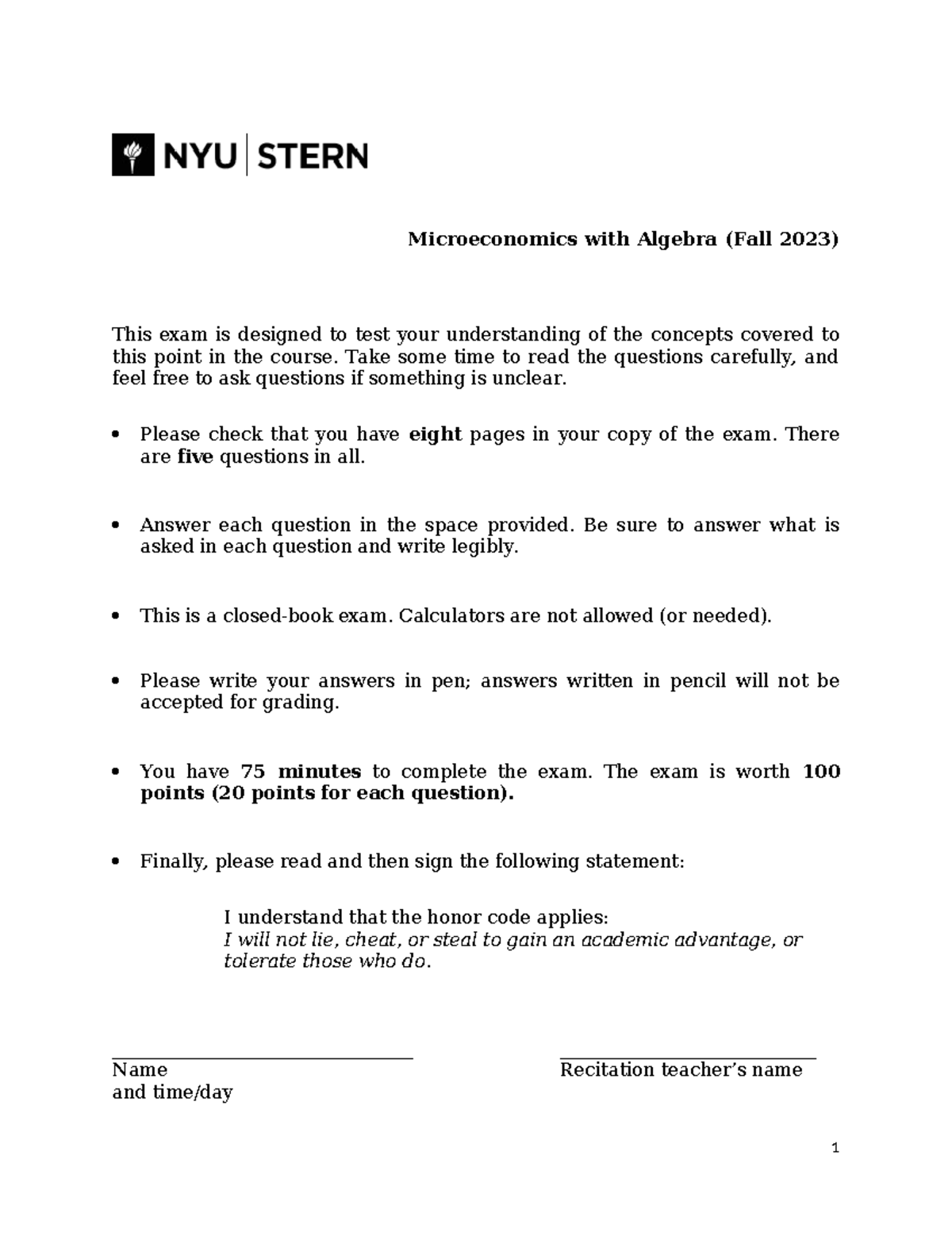 Micro sample 1 - Microeconomics with Algebra (Fall 2023) This exam is ...
