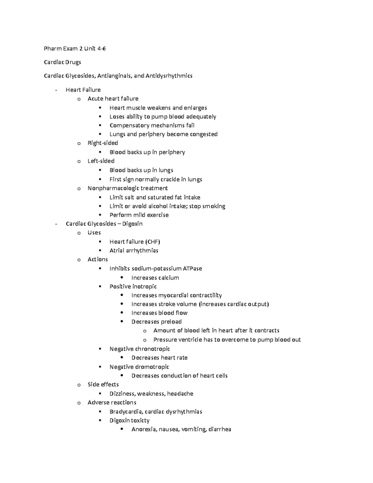 Pharm Exam 2 notes - Pharm Exam 2 Unit 4- Cardiac Drugs Cardiac ...