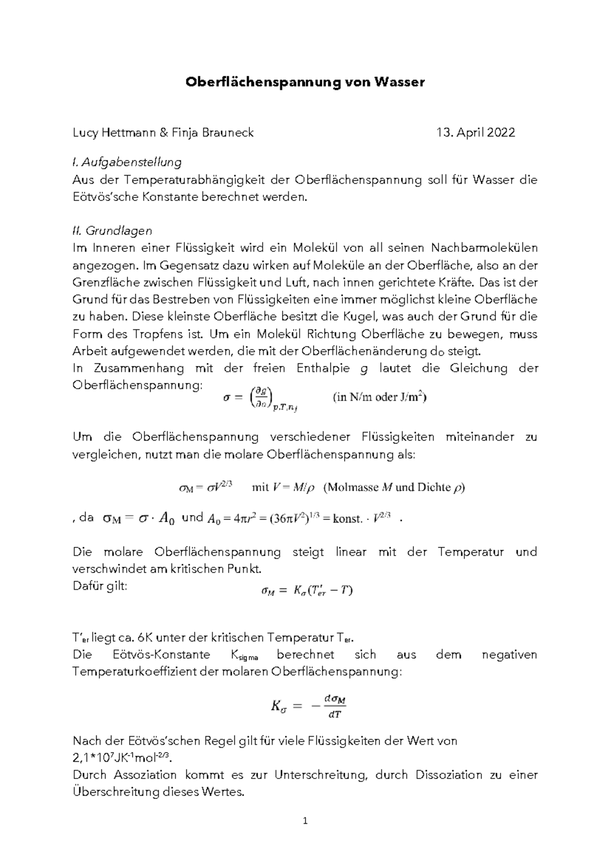 Protokoll zum Experiment Oberflächenspannung von Wasser ...