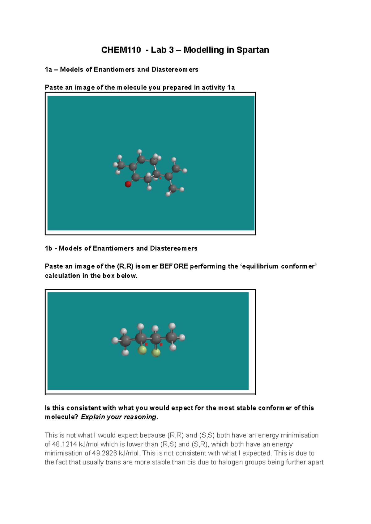 Spartan Chem 110 online lab KC - CHEM110 - Lab 3 – Modelling in Spartan ...