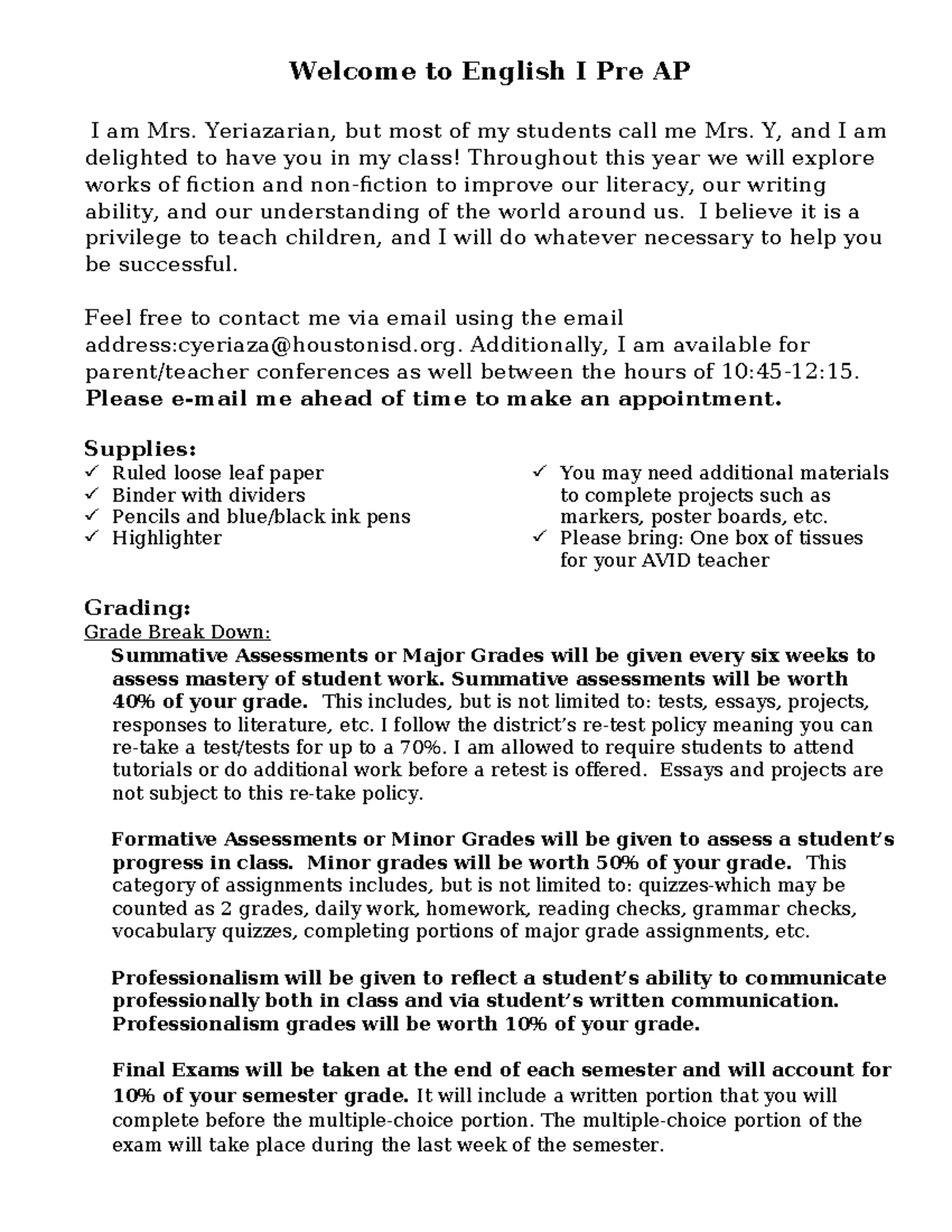 2022 syllabus - Welcome to English I Pre AP I am Mrs. Yeriazarian, but ...