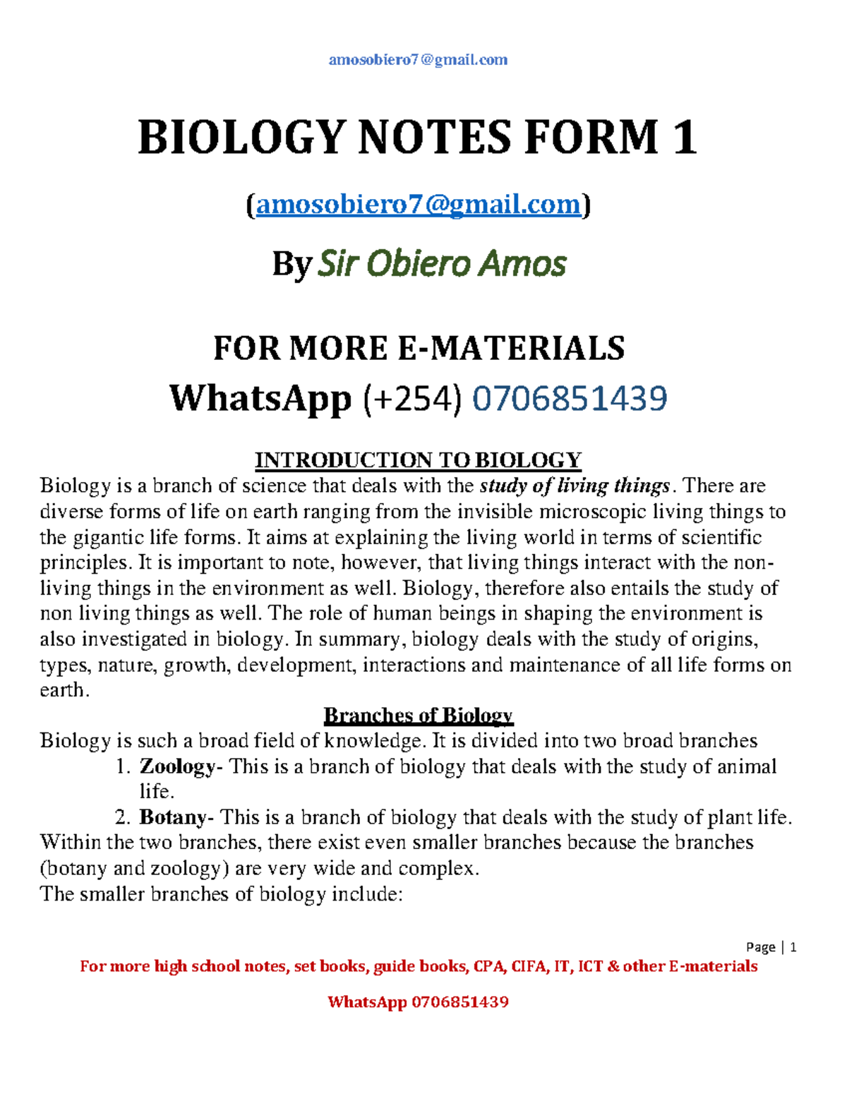 FORM ONE Biology Notes - it is good - Page | 1 For more high school ...