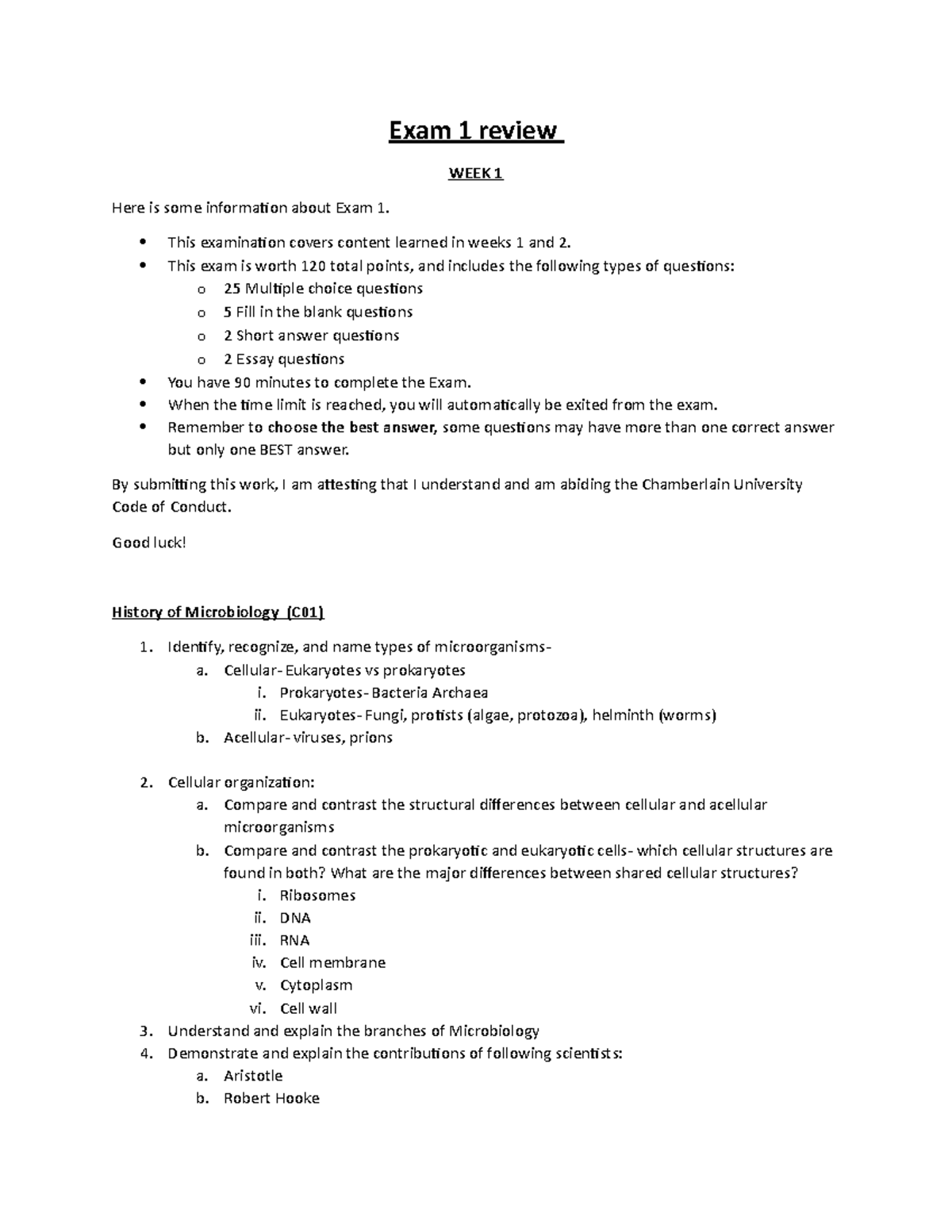Review Exam 1 - BIO255 - Chamberlain University - Studocu