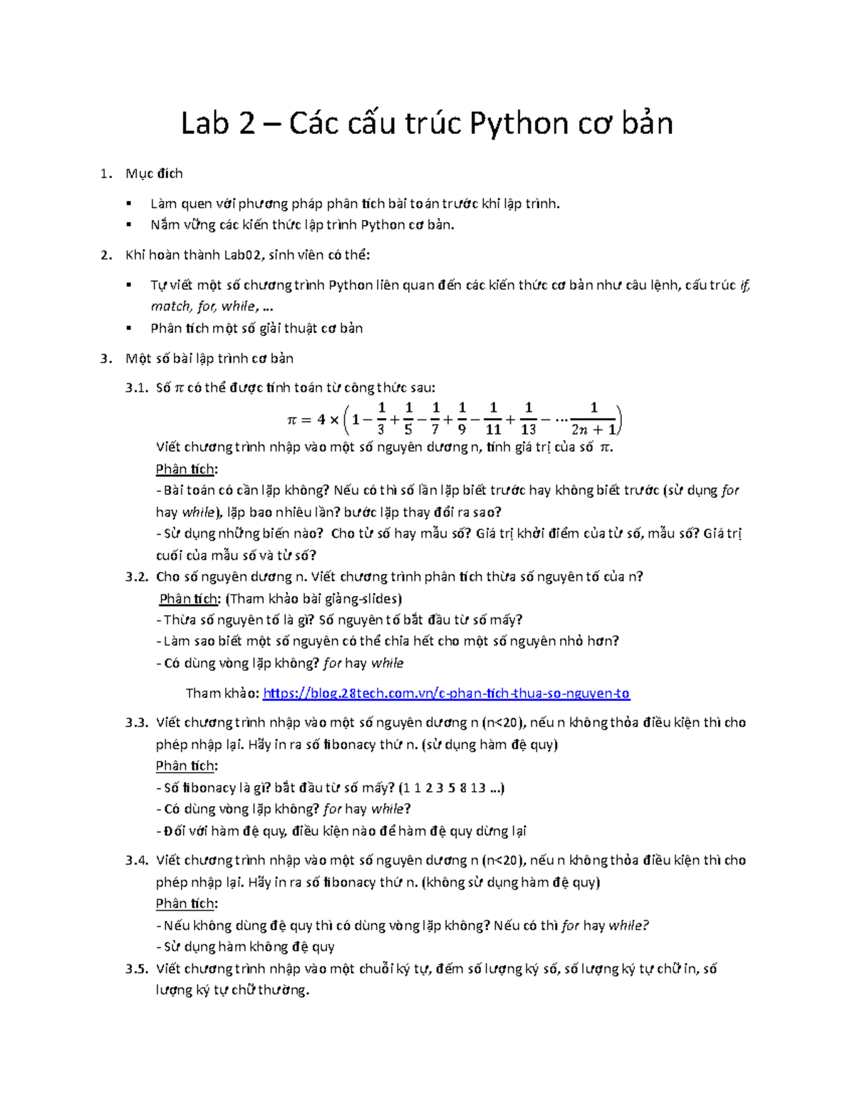 Lab02 - VBVB VBV - Lab 2 – Các cấu trúc Python cơ bản Mục đích Làm quen với phương pháp phân ơch ...