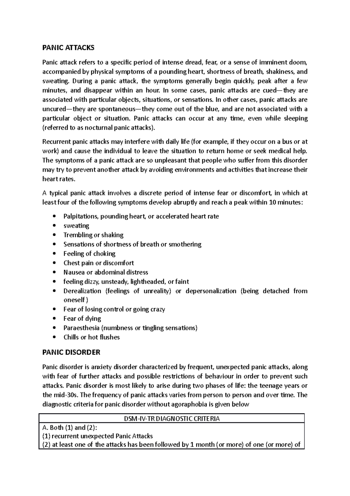 Panic Attacks - PANIC ATTACKS Panic attack refers to a specific period ...