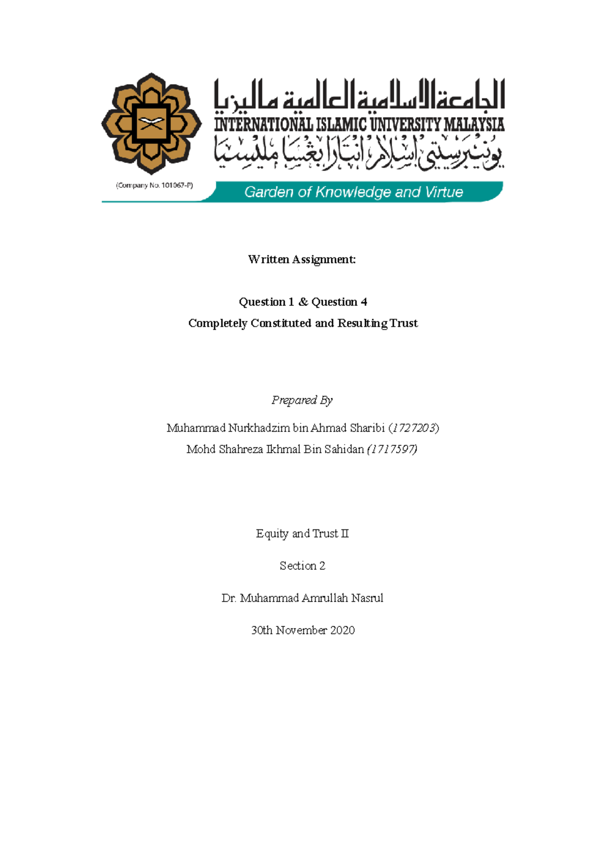 Resulting Trust - Muhammad Amrullah Nasrul 30th November 2020 Question ...