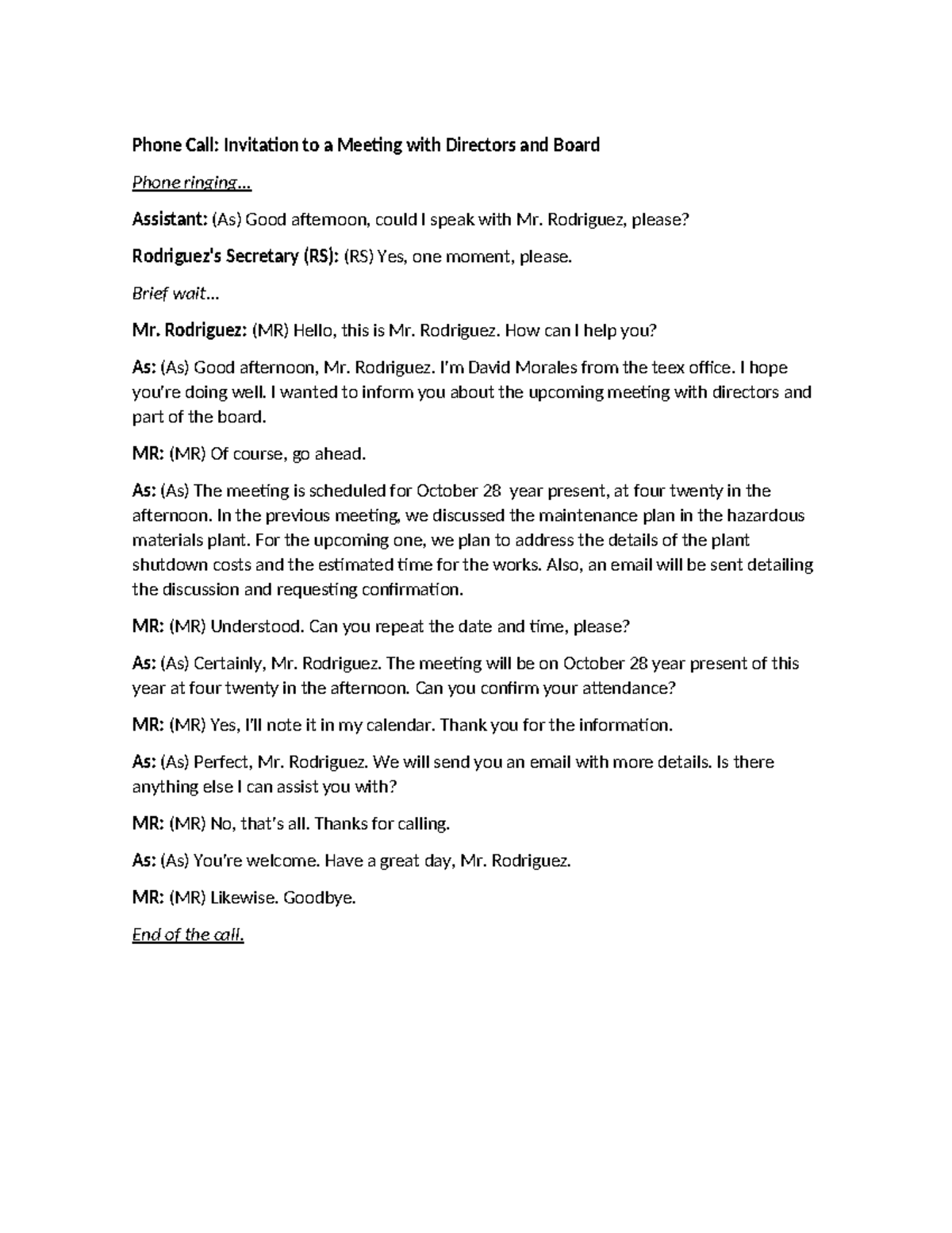 Ingles basico evaluacion 2 - Phone Call: Invitation to a Meeting with ...