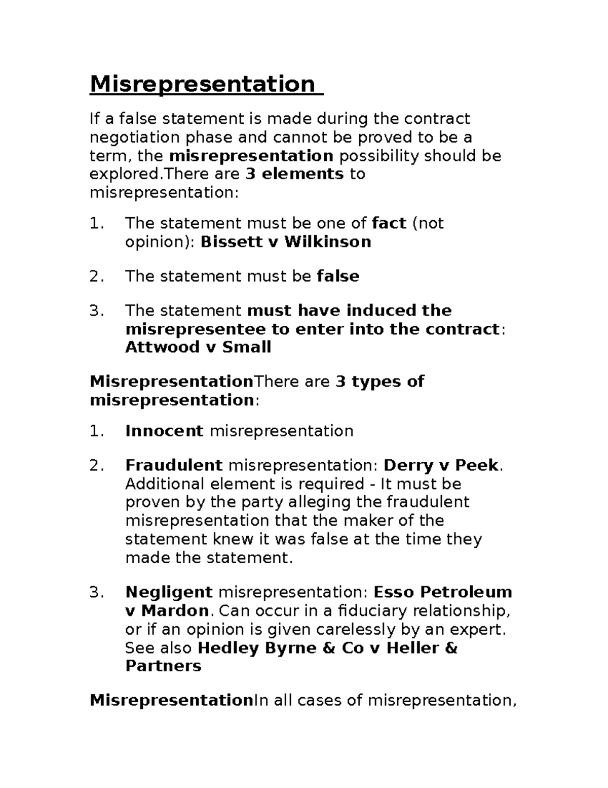 Topic 7,8,9 Misrepresentation Summary - Misrepresentation If a false ...