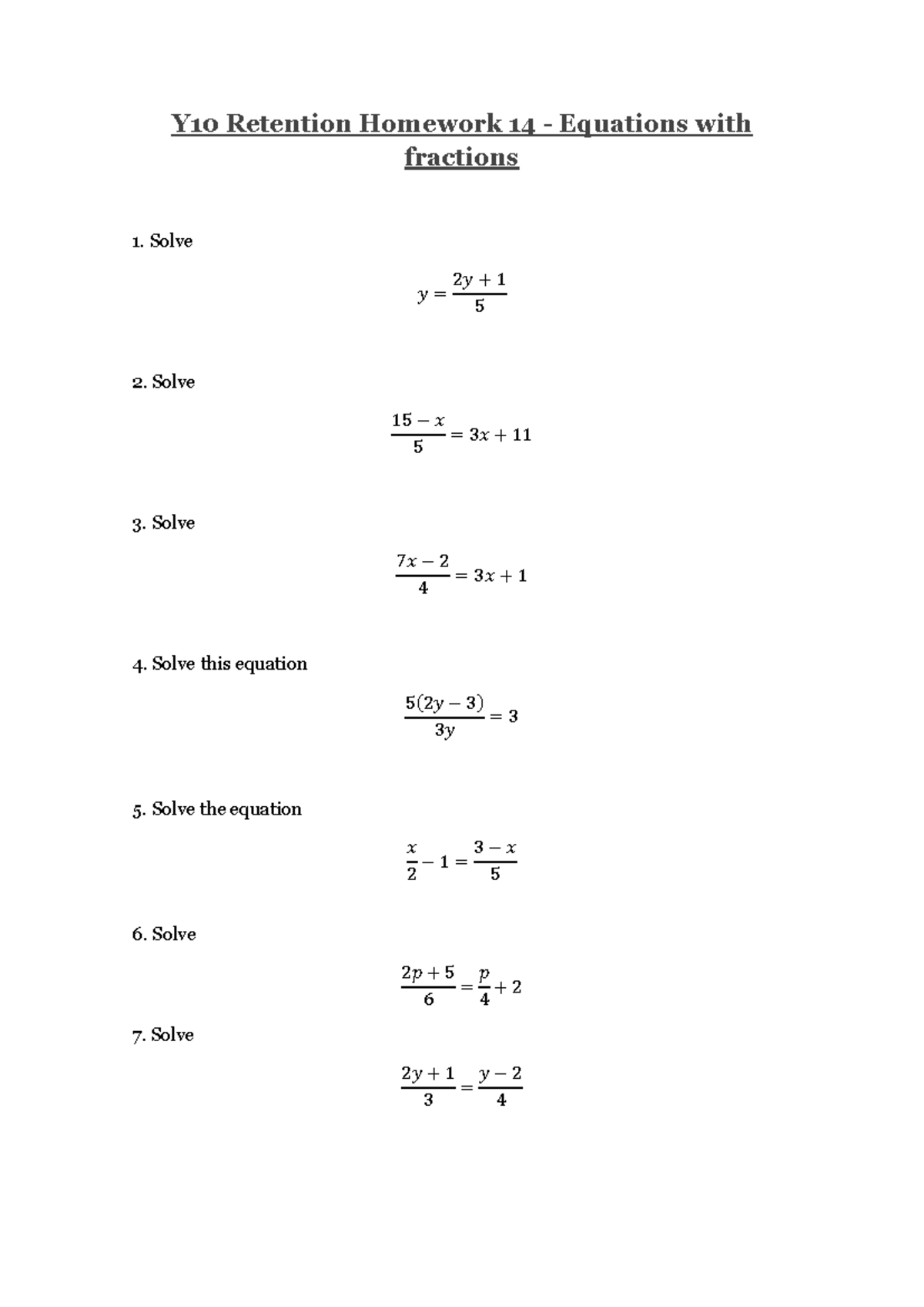 Y10 Retention Homework 14 - Equations with fractions - Y10 Retention ...