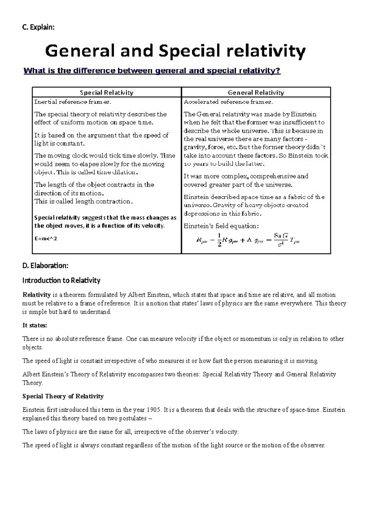 Theory-of-Relativity - C. Explain: D. Elaboration: Introduction to ...