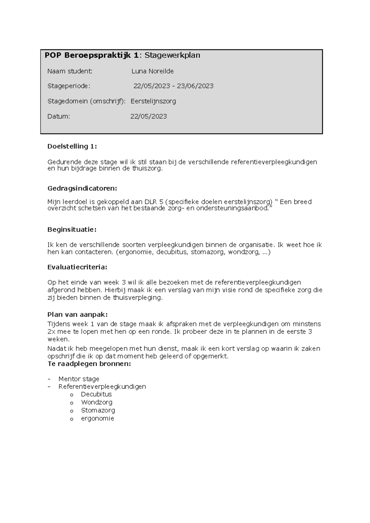 Doelstellingen stage WGK - POP Beroepspraktijk 1: Stagewerkplan Naam ...