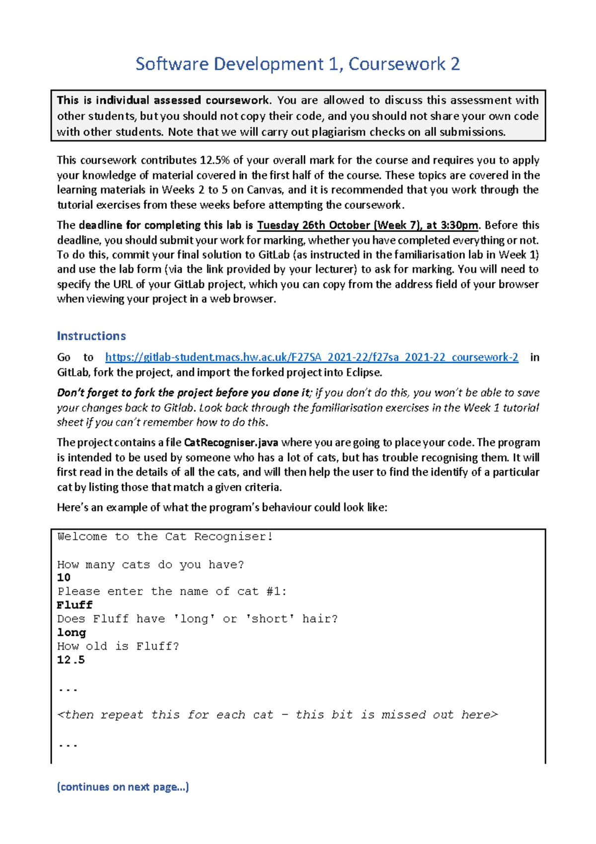 Academic Calander - (continues on next page...) Software Development 1 ...