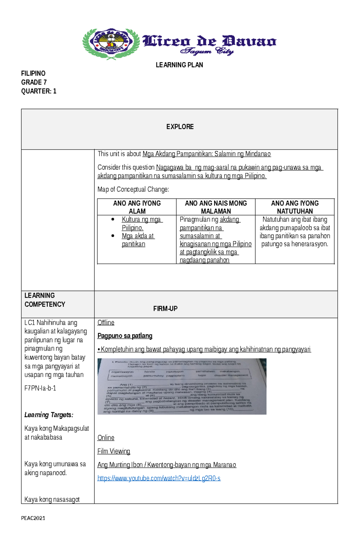 LP G7 Q1 Filipino 7 - learning materials - LEARNING PLAN FILIPINO GRADE ...