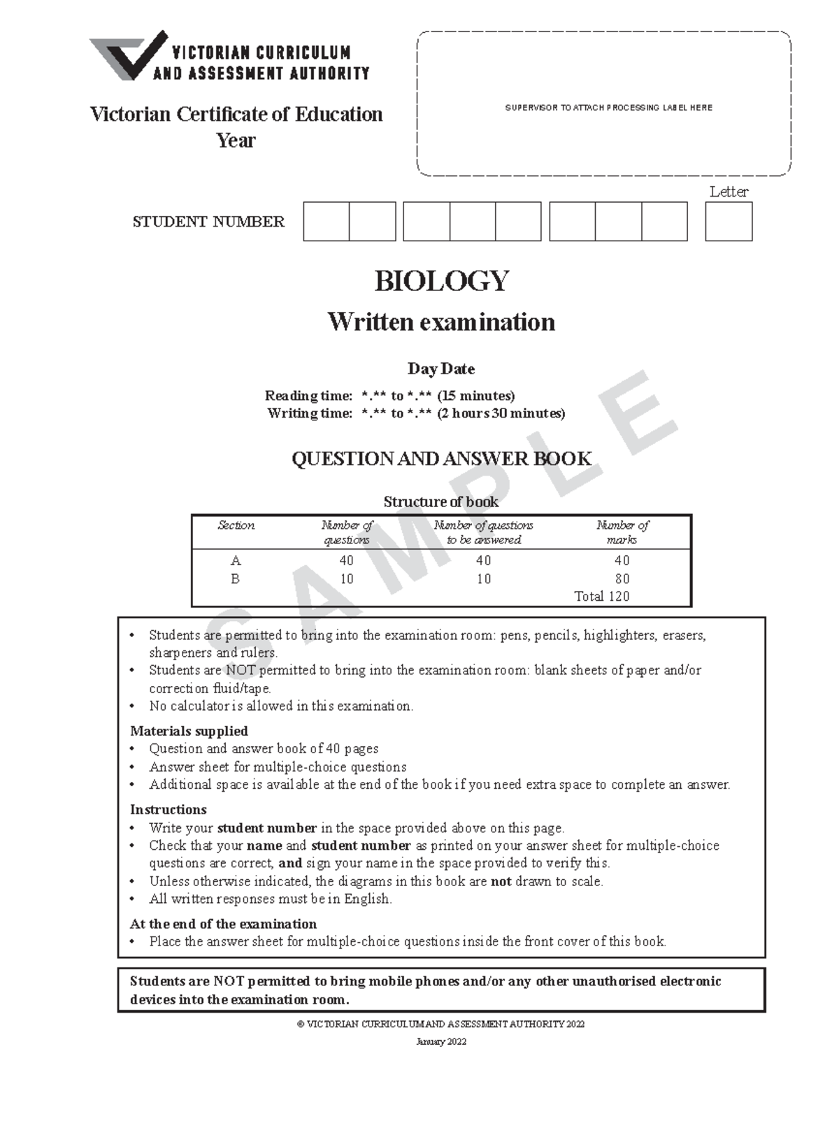 Biology prac exam - S A M P L E BIOLOGY Written examination Day Date ...