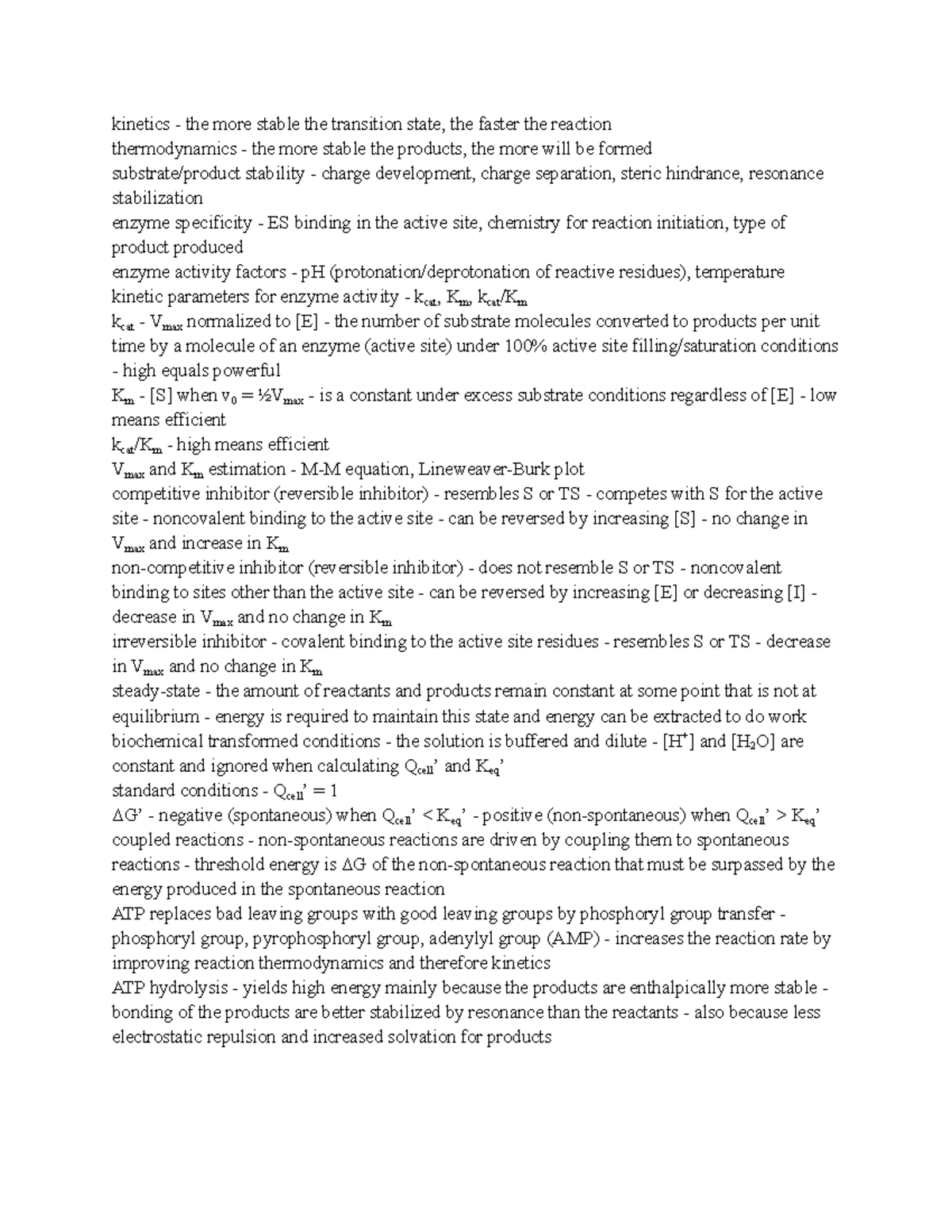 BIOL 201 Midterm 2 - Summary Introduction To Biochemistry - kinetics ...
